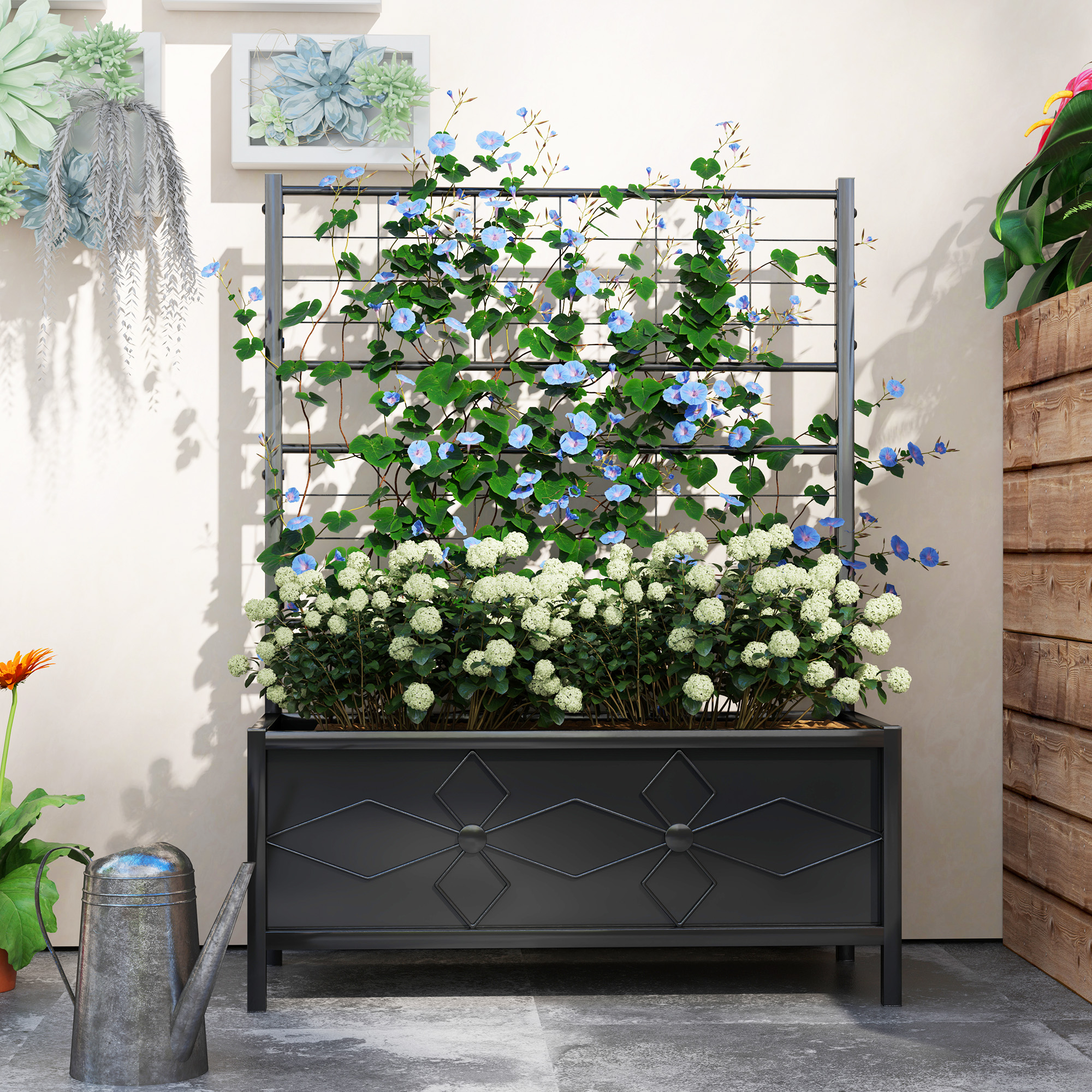 Outsunny Outdoor Planter Box Galvanized Raised Garden Bed with Trellis ...