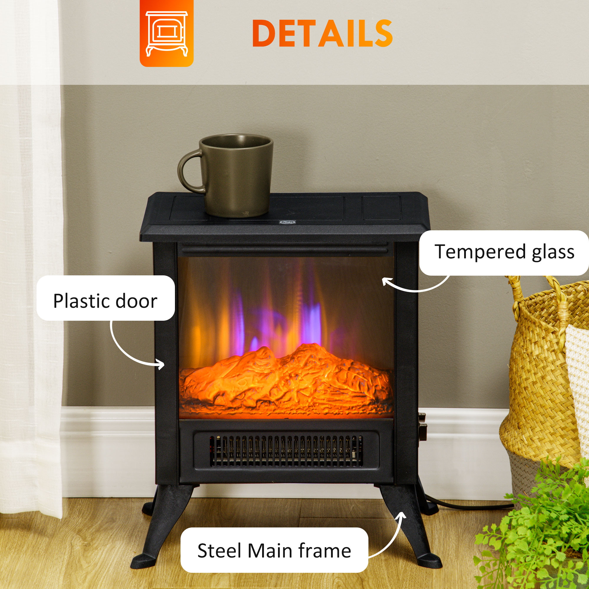 HOMCOM Electric Fireplace Heater w/ LED Flame Fireplace Stove, Black ...