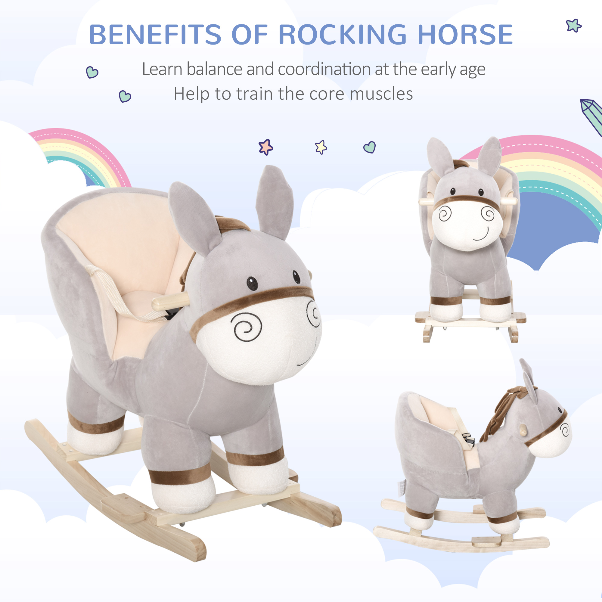 Qaba Kids Rocking Chair, Plush Ride On Rocking Horse Donkey with Sound ...