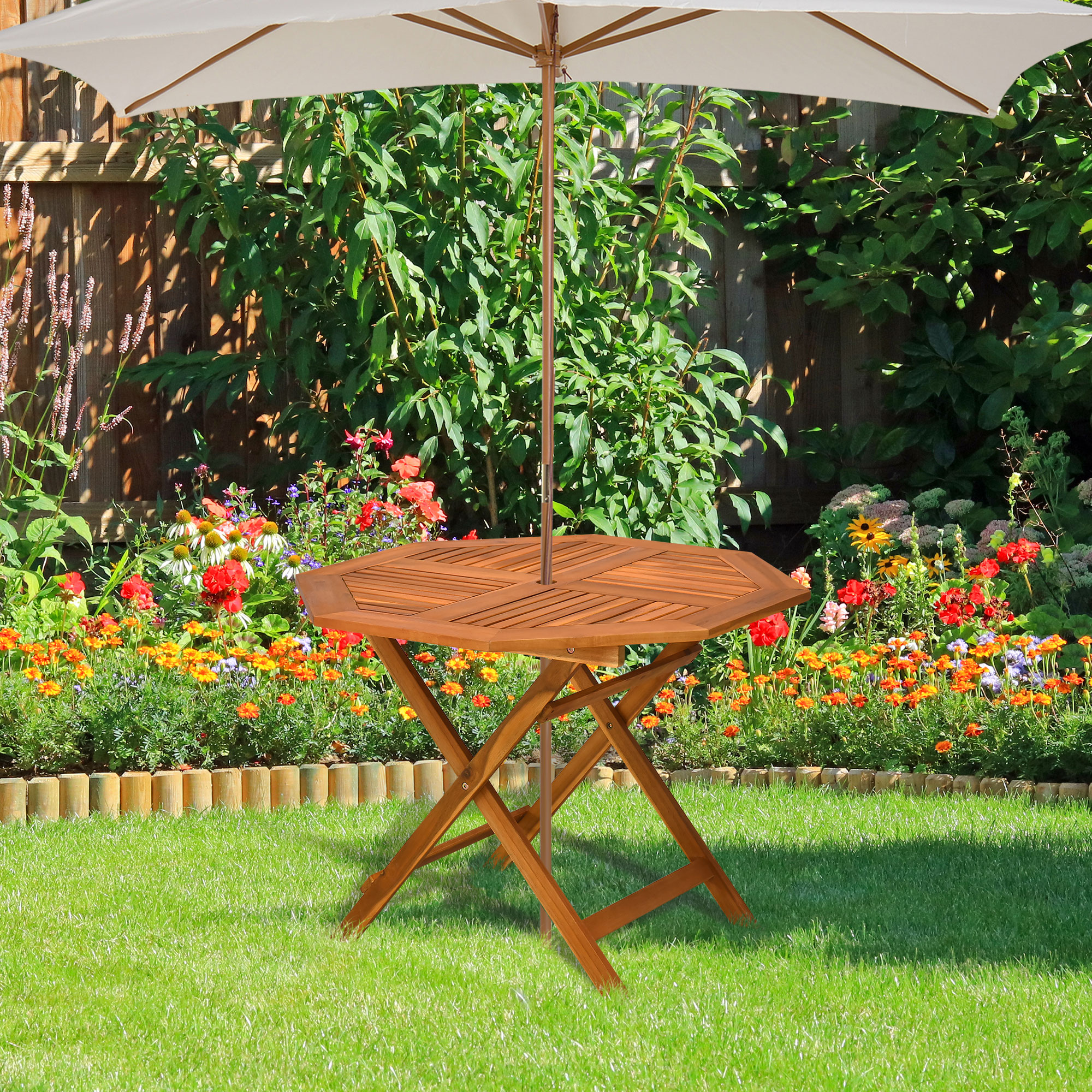 Outsunny 39 Acacia Wood Outdoor Dining Table Octagon Patio Table with Umbrella Hole Teak Aosom