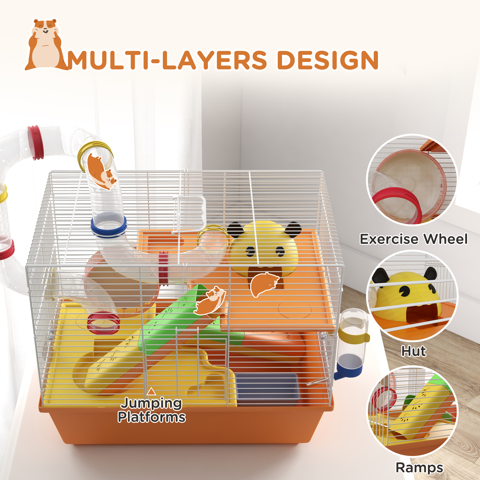 PawHut 3 Tiers Hamster Cage for Gerbil, Dwarf Hamster with Tunnels ...
