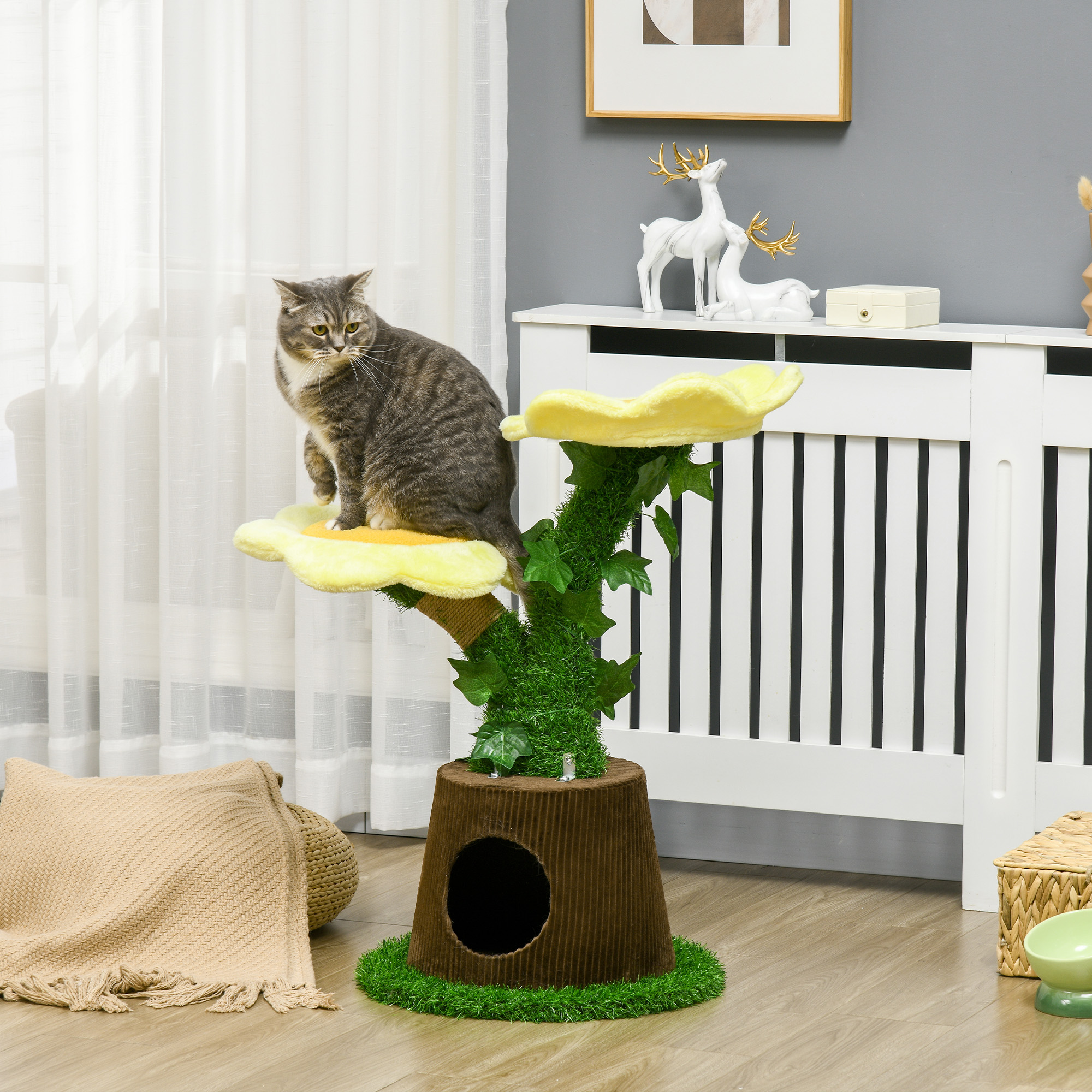 PawHut 18" Plush Cat Tree with Two Flower Platforms, Multi-Activity ...