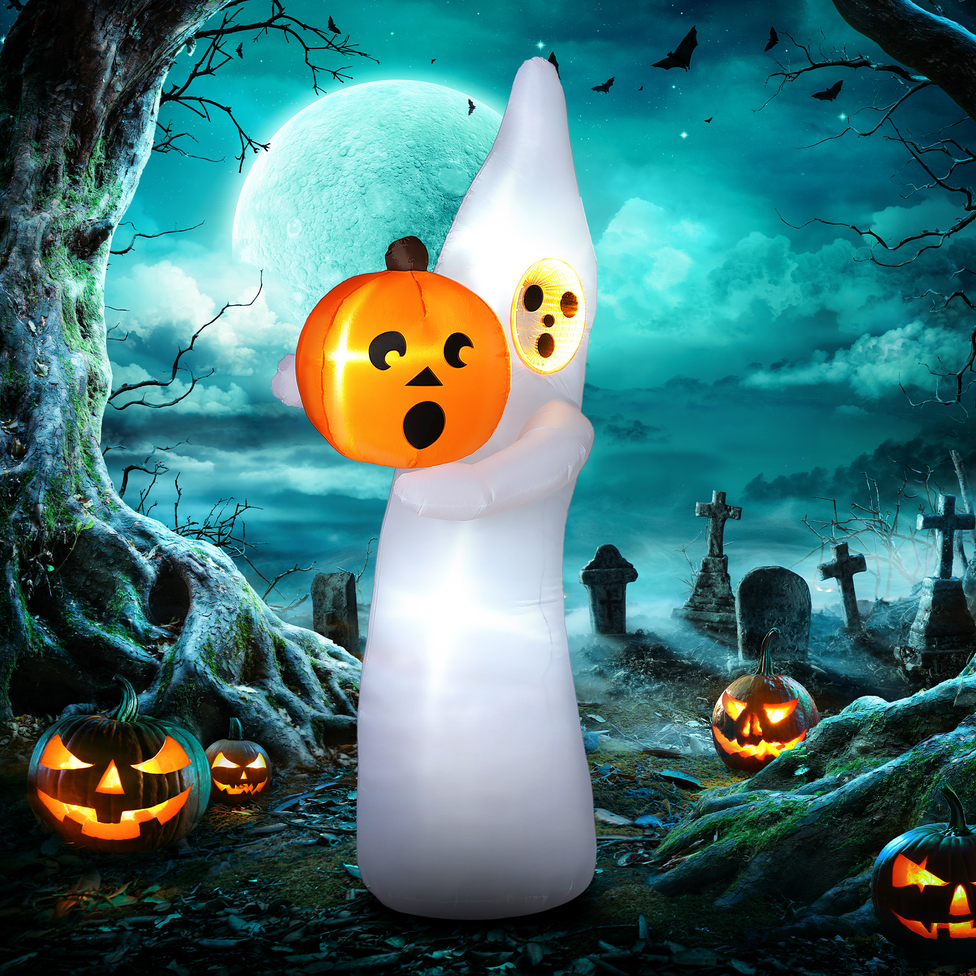 Outsunny 8ft Inflatable Halloween Ghost with Mirror Face Holding A ...