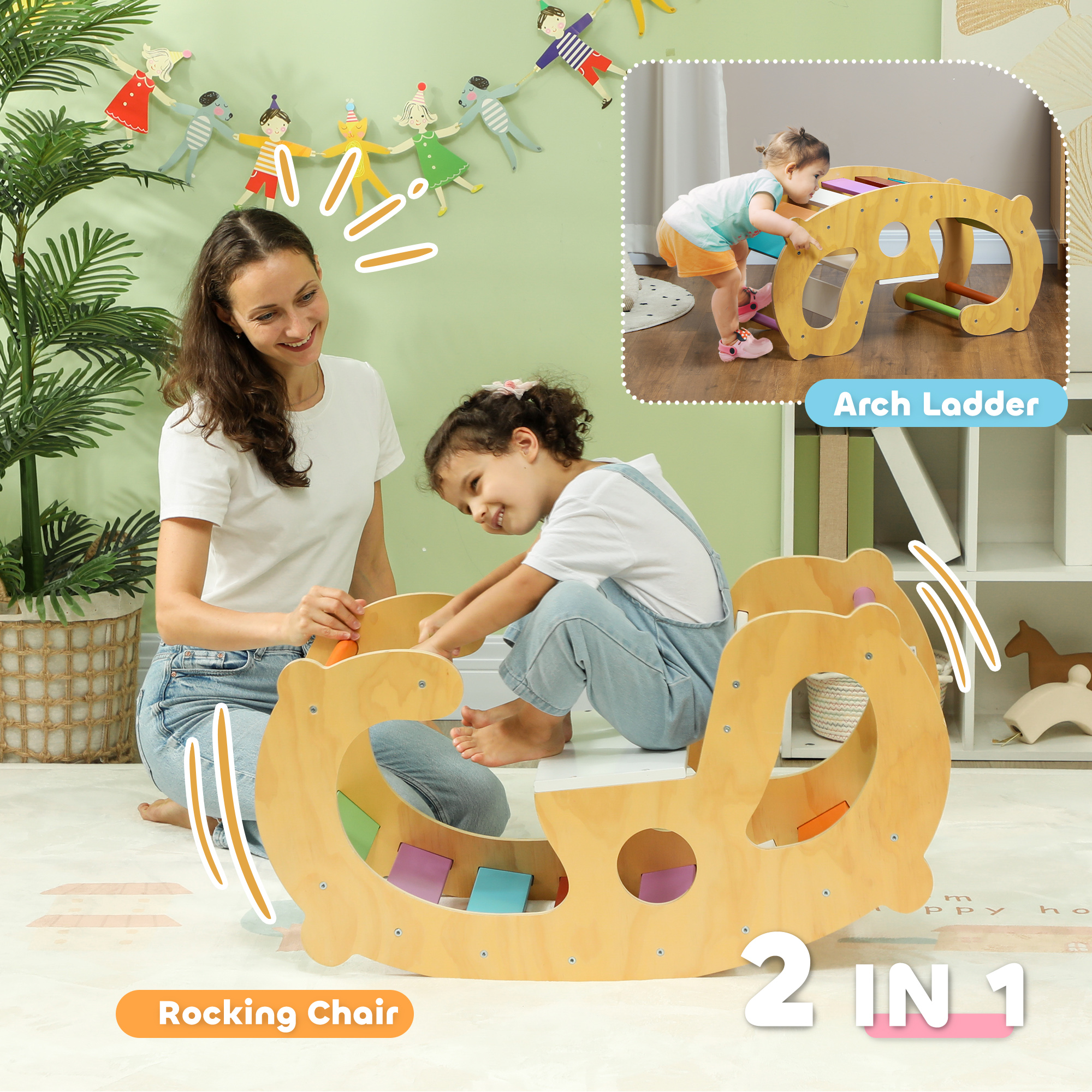Qaba 2 in 1 Wooden Arch Ladder Baby Rocker for Toddlers 18-48 Months ...