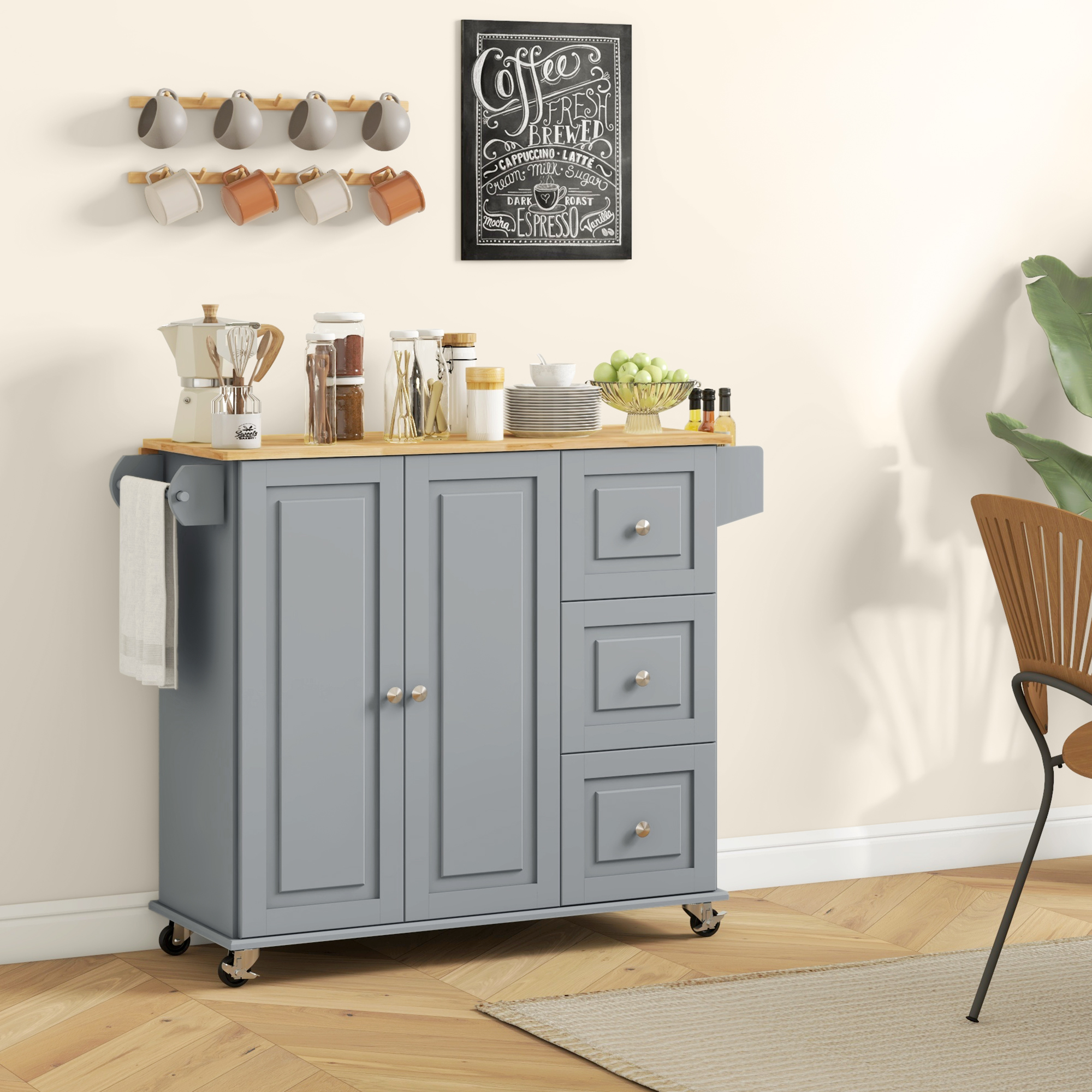 HOMCOM Kitchen Island on Wheels, Kitchen Cart with Drop Leaf, Drawers ...