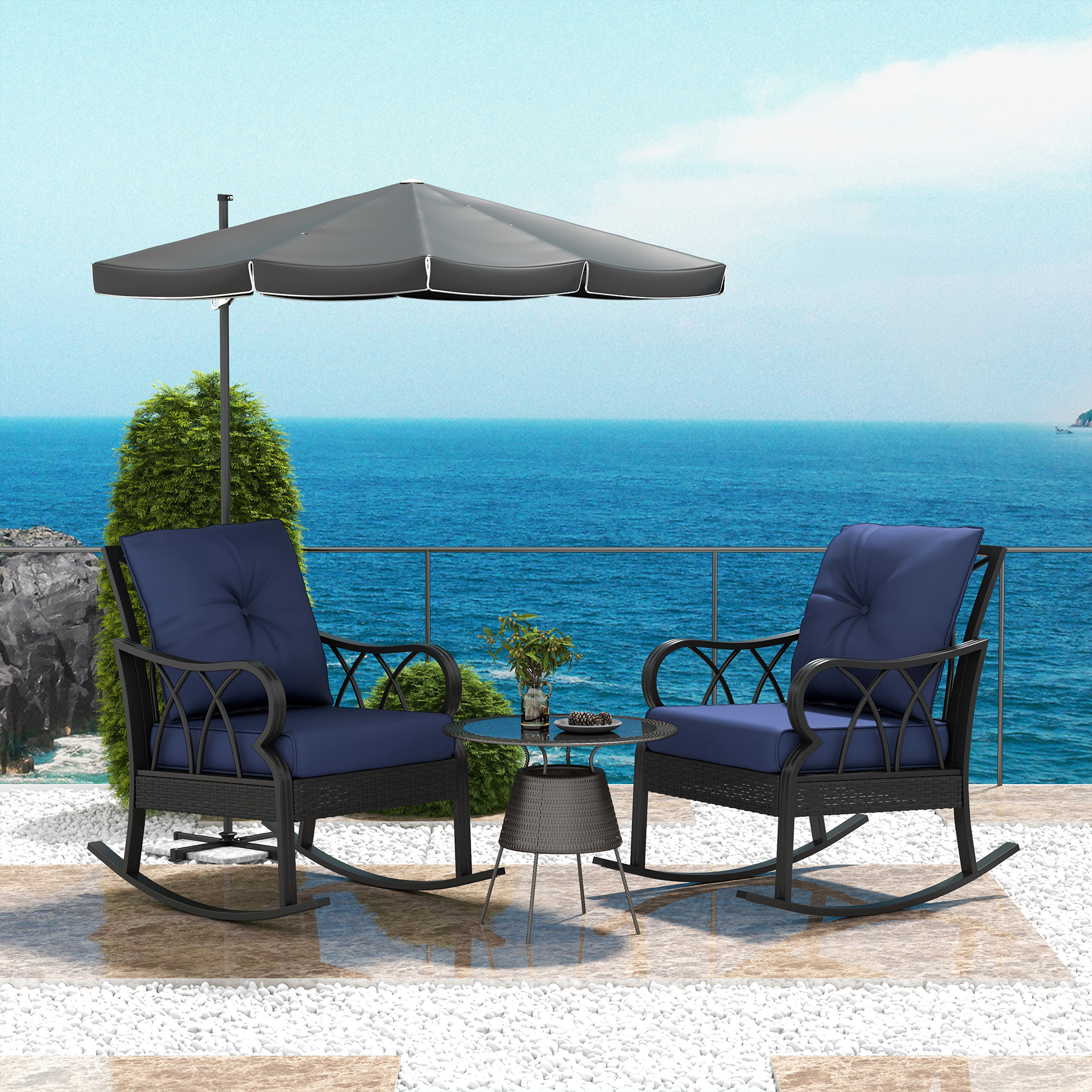 Outsunny 2 Piece Outdoor Wicker Rocking Chairs Rattan Porch Rockers ...