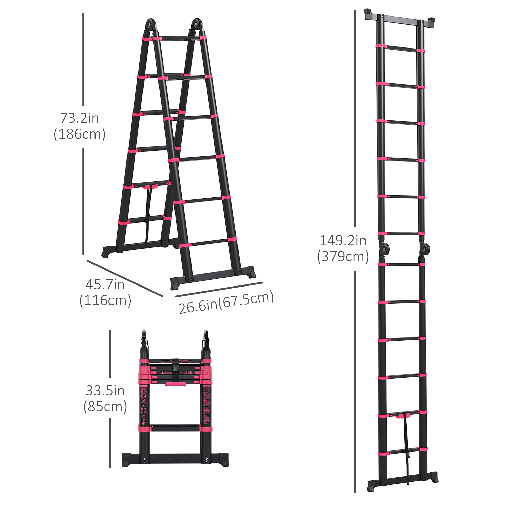 HOMCOM 12ft Aluminium Telescopic Extension Ladder, Heavy Duty ...