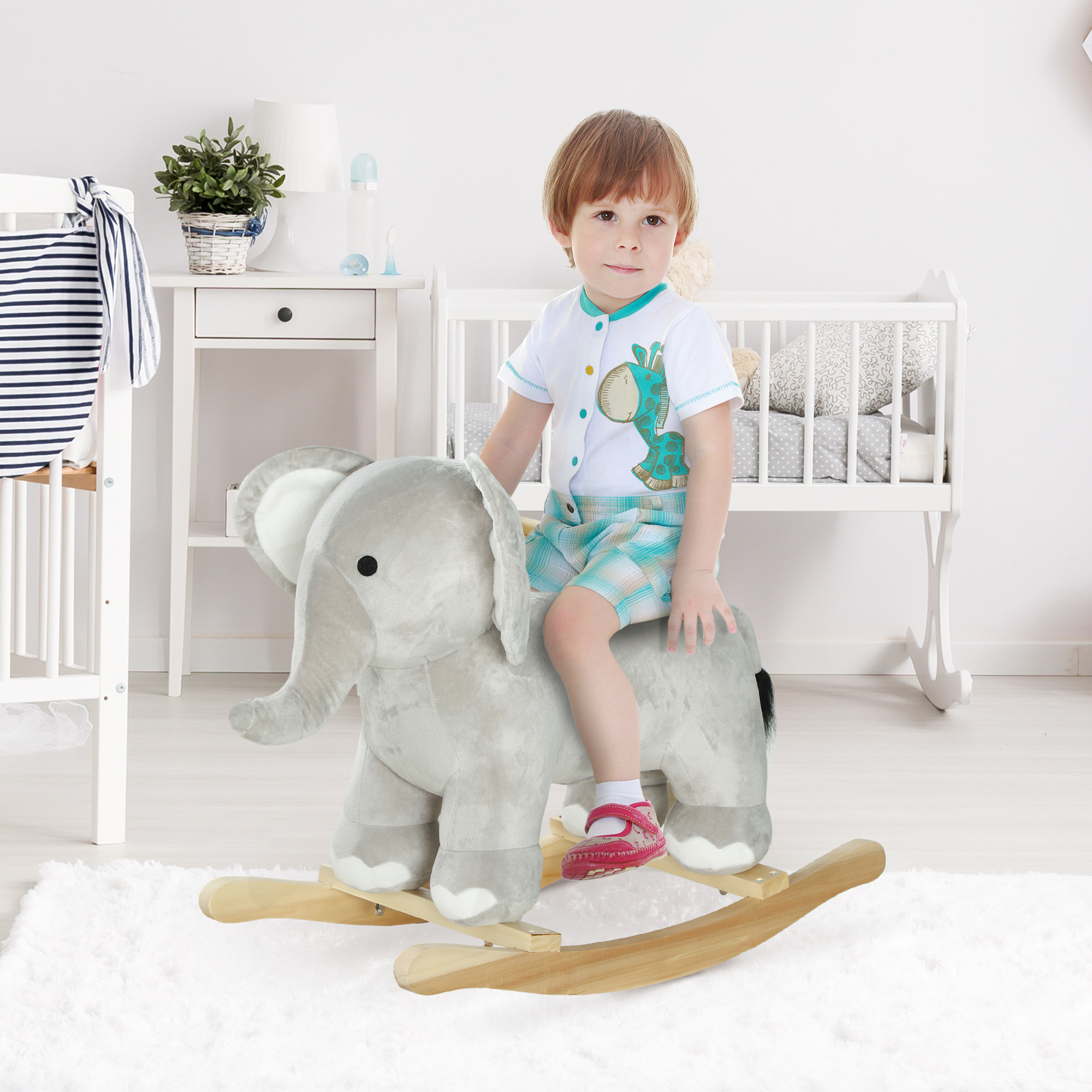 Qaba Kids Rocking Animal Elephant Rocker with Realistic Sounds, Plush ...