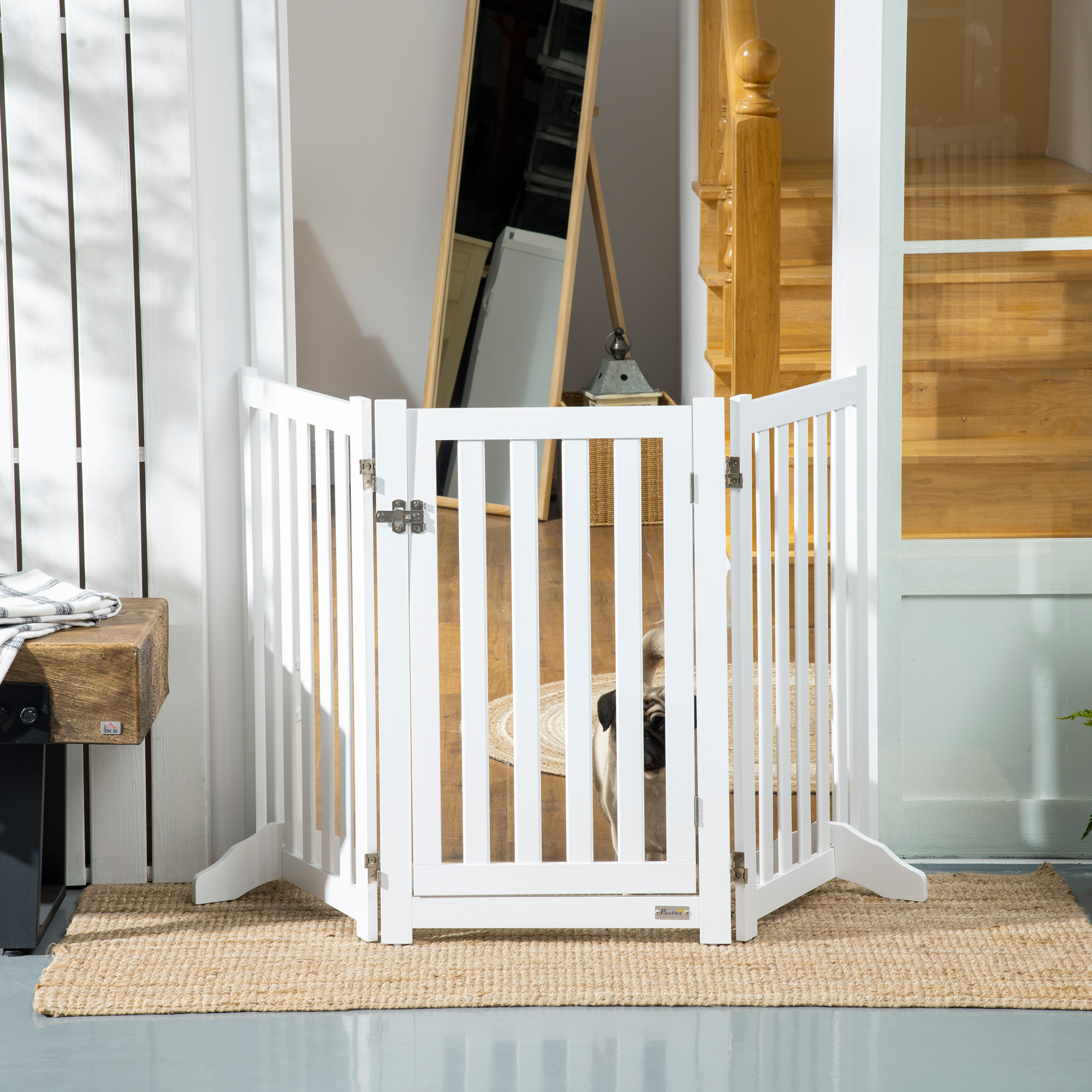 PawHut Foldable Dog Gate with Door, 3 Panels Freestanding Pet Gate with ...