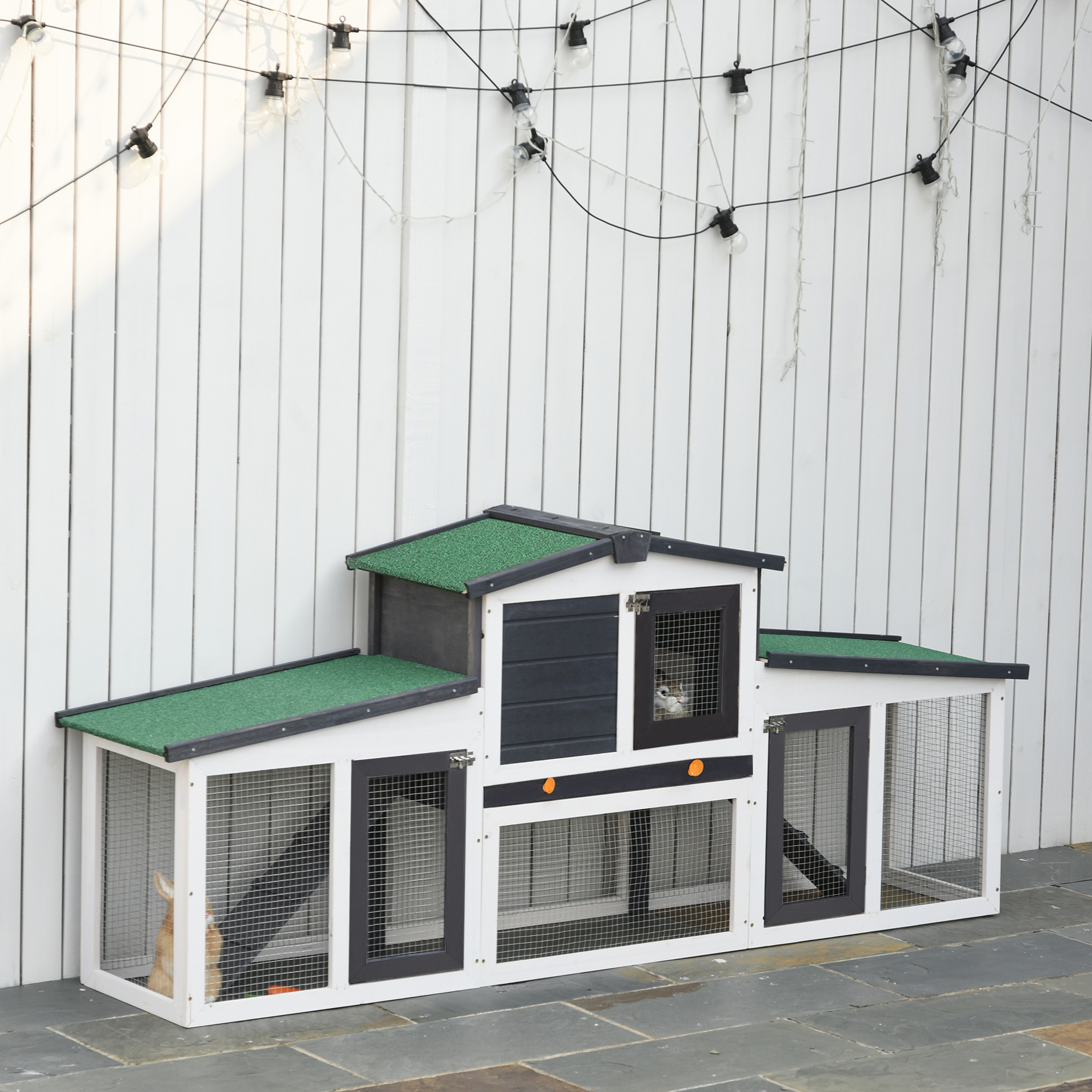 PawHut Large Rabbit Hutch with Double Runs, Wooden Bunny Cage Outdoor ...
