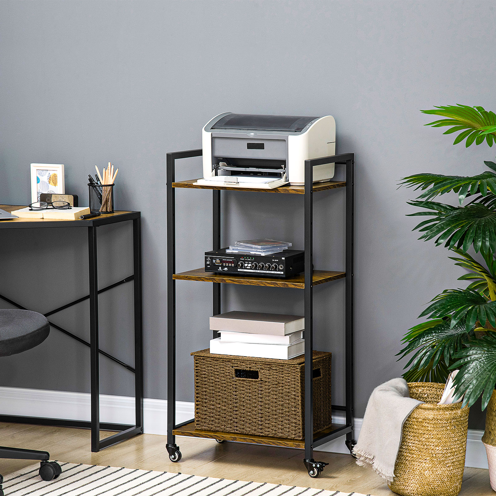 HOMCOM 3-Tier Printer Stand, Utility Cart, Rolling Trolley with ...
