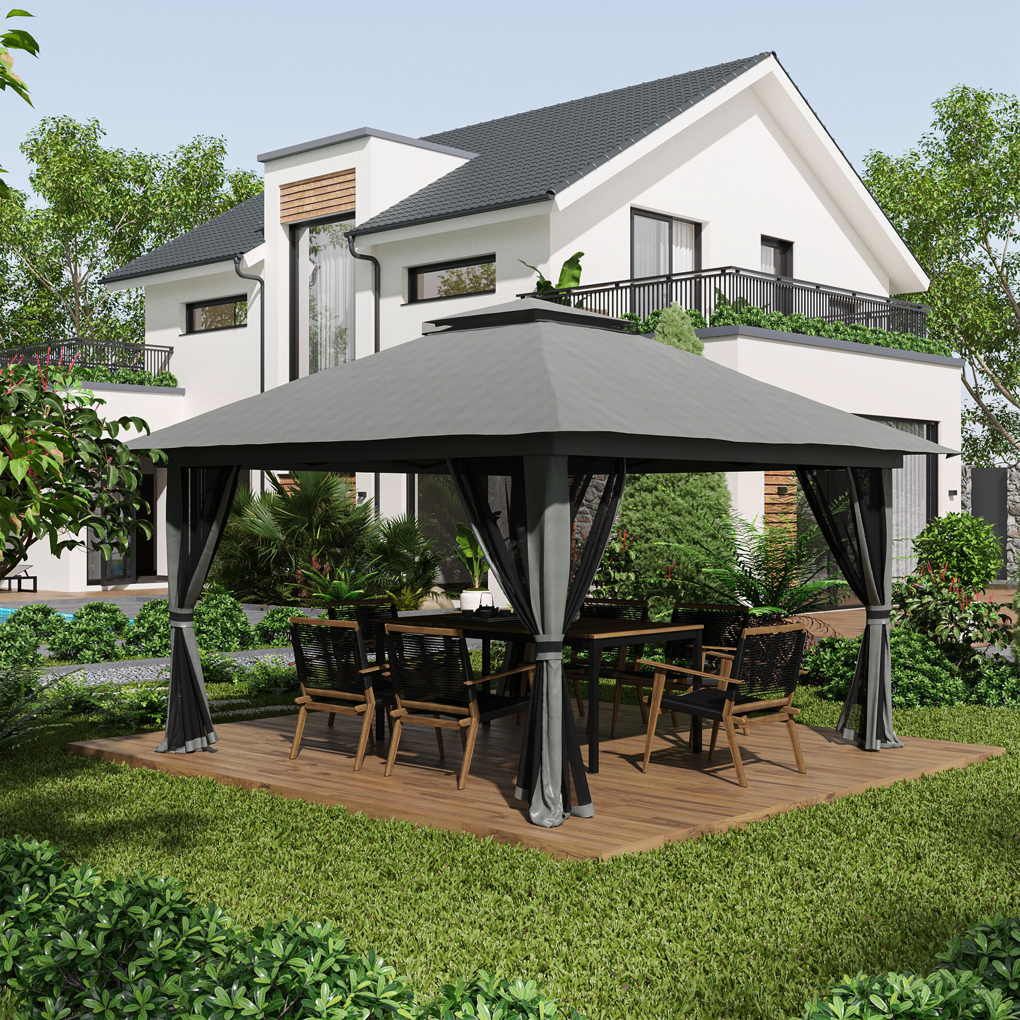 Outsunny 13' x 13' Pop Up Canopy, 2-Tier Roof Easy up Tent Shelter with ...