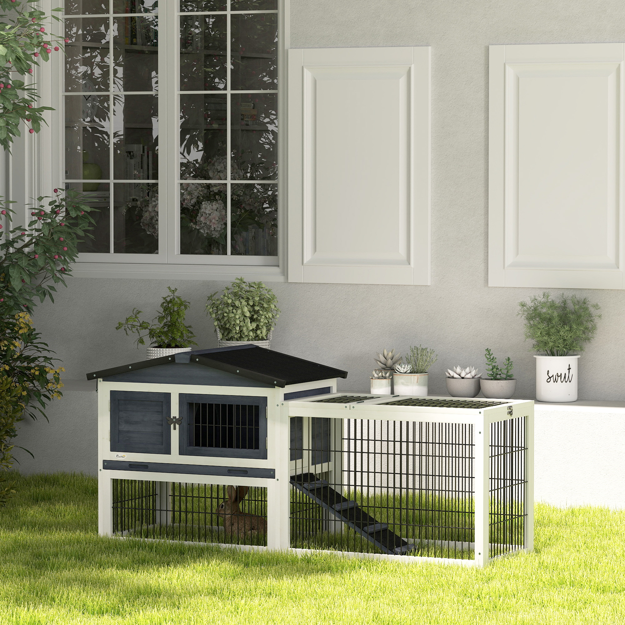 PawHut Wood Rabbit Hutch w/ Ramp, Openable Roof, Pull-out Tray, Dark ...