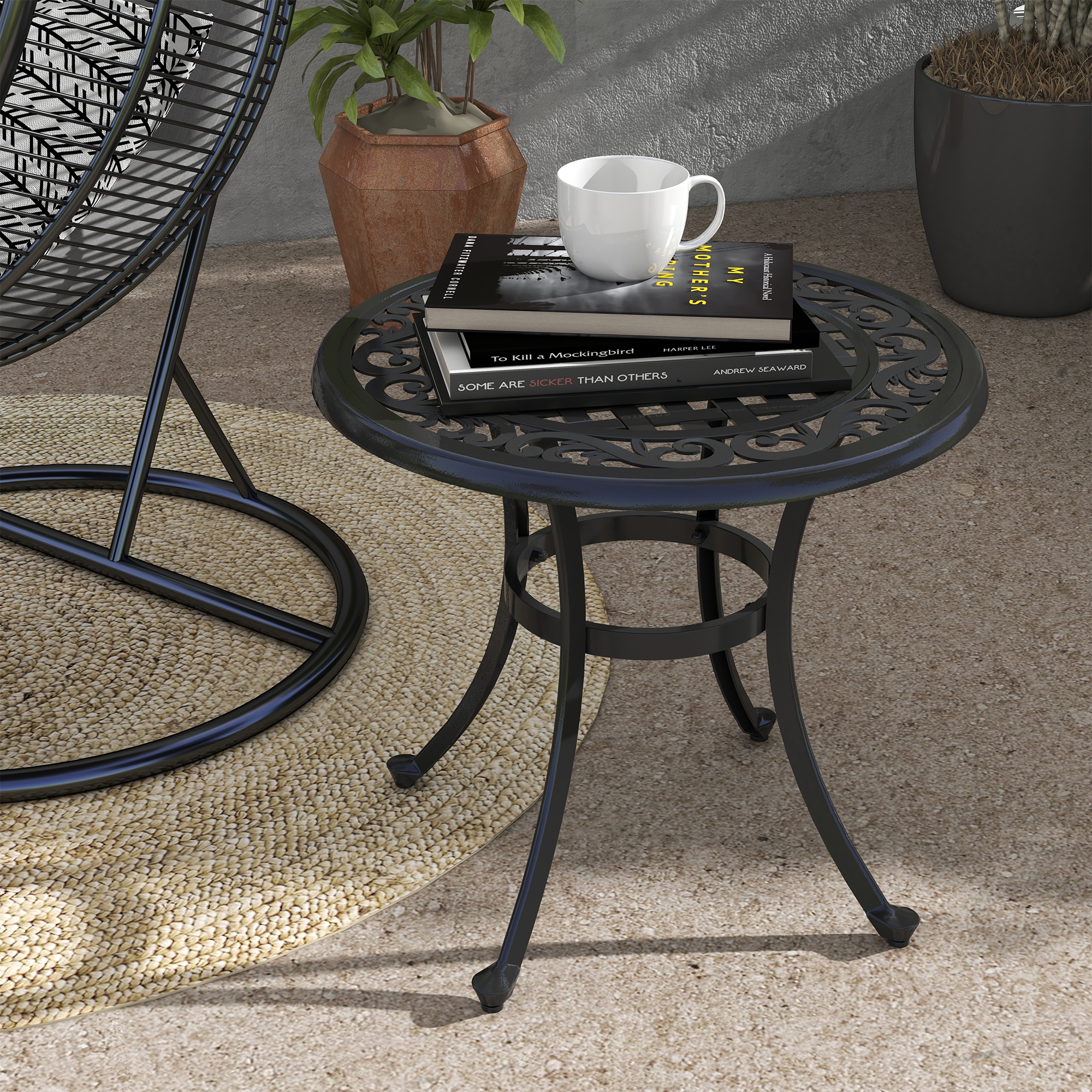 Outsunny Patio Table, Round Side Table with Cast Aluminium Frame ...