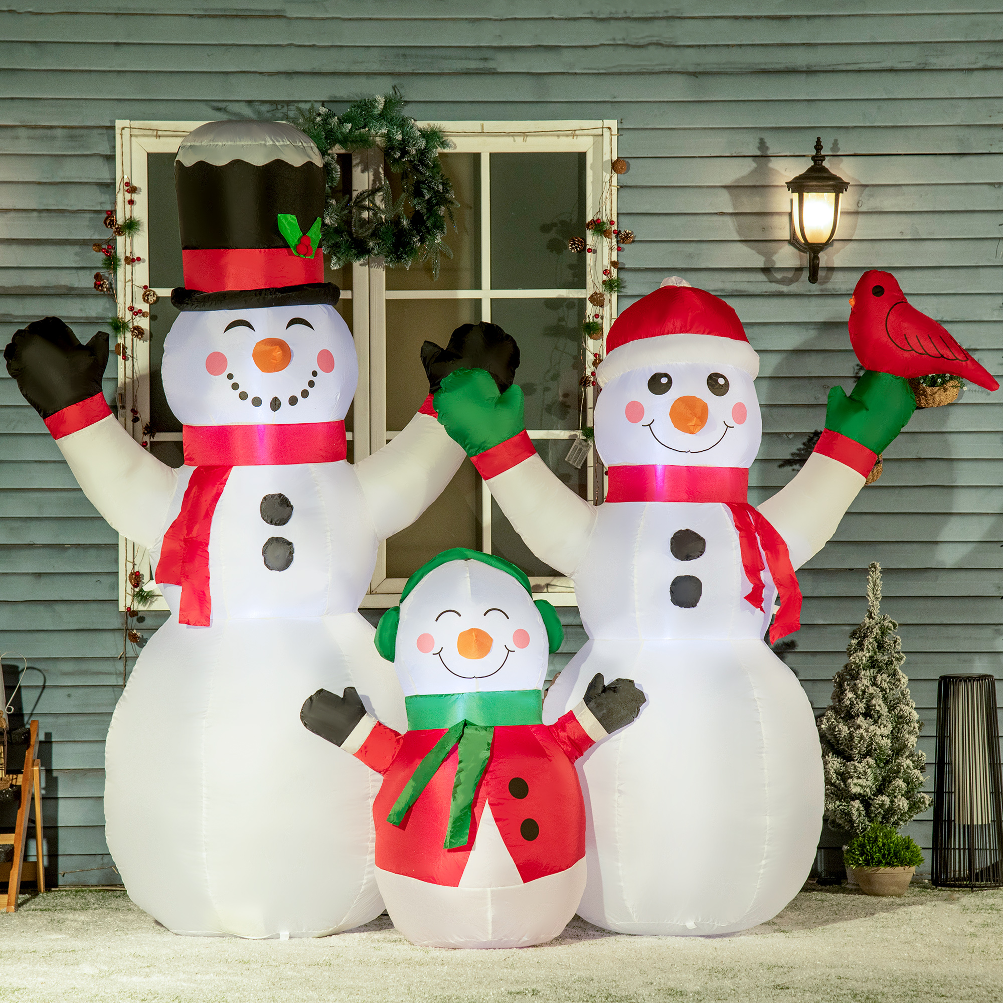 Outsunny 8ft Inflatable Christmas Snowman Family with A Red Bird, Blow ...