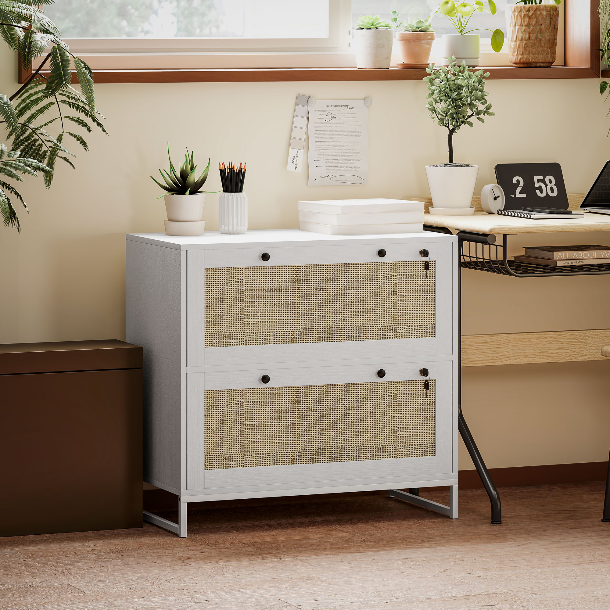 Vinsetto 2-Drawer Filing Cabinet with Lock, Rattan File Cabinet with ...