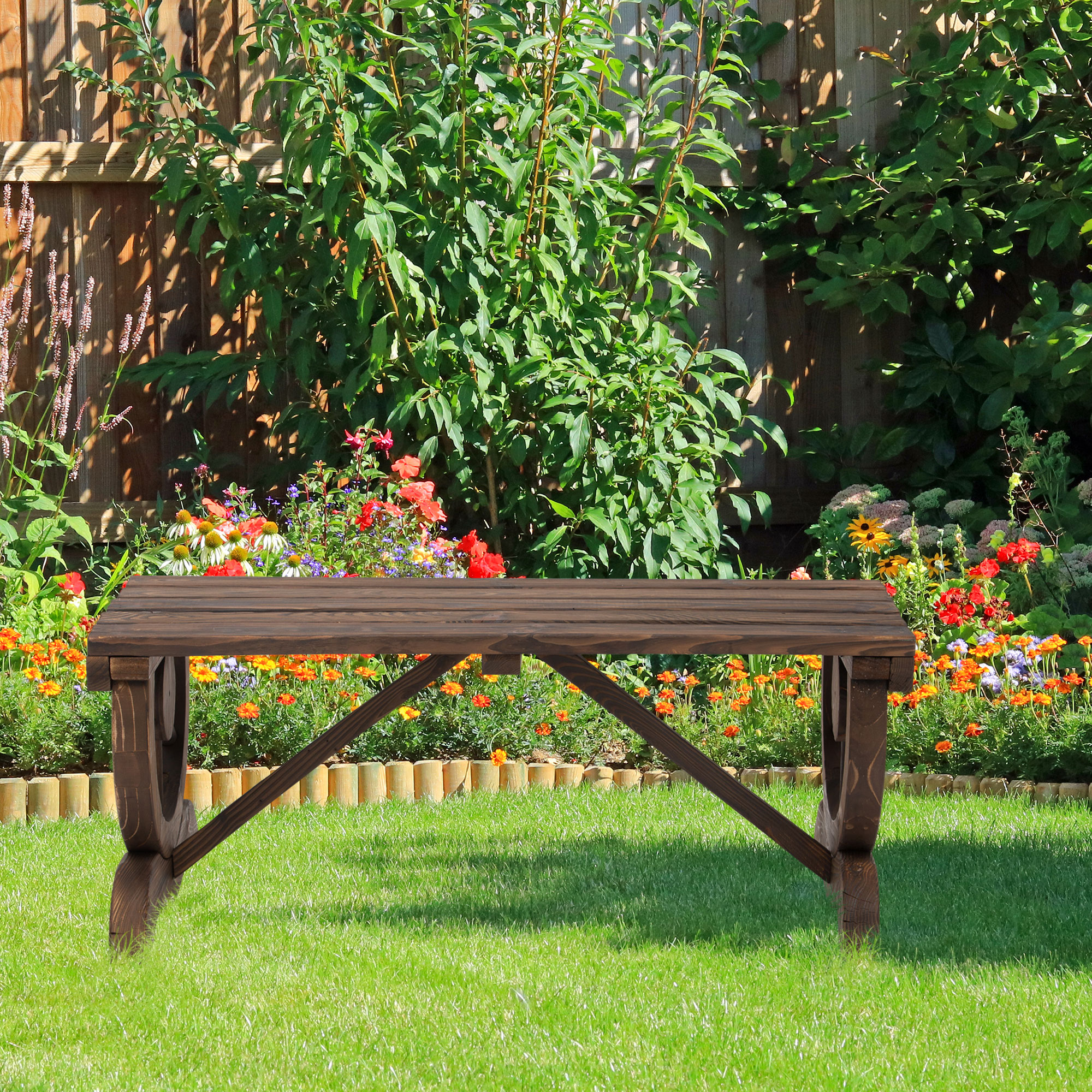 Outsunny Rustic Wood Wheel Outdoor Garden Bench for 2-People with a ...