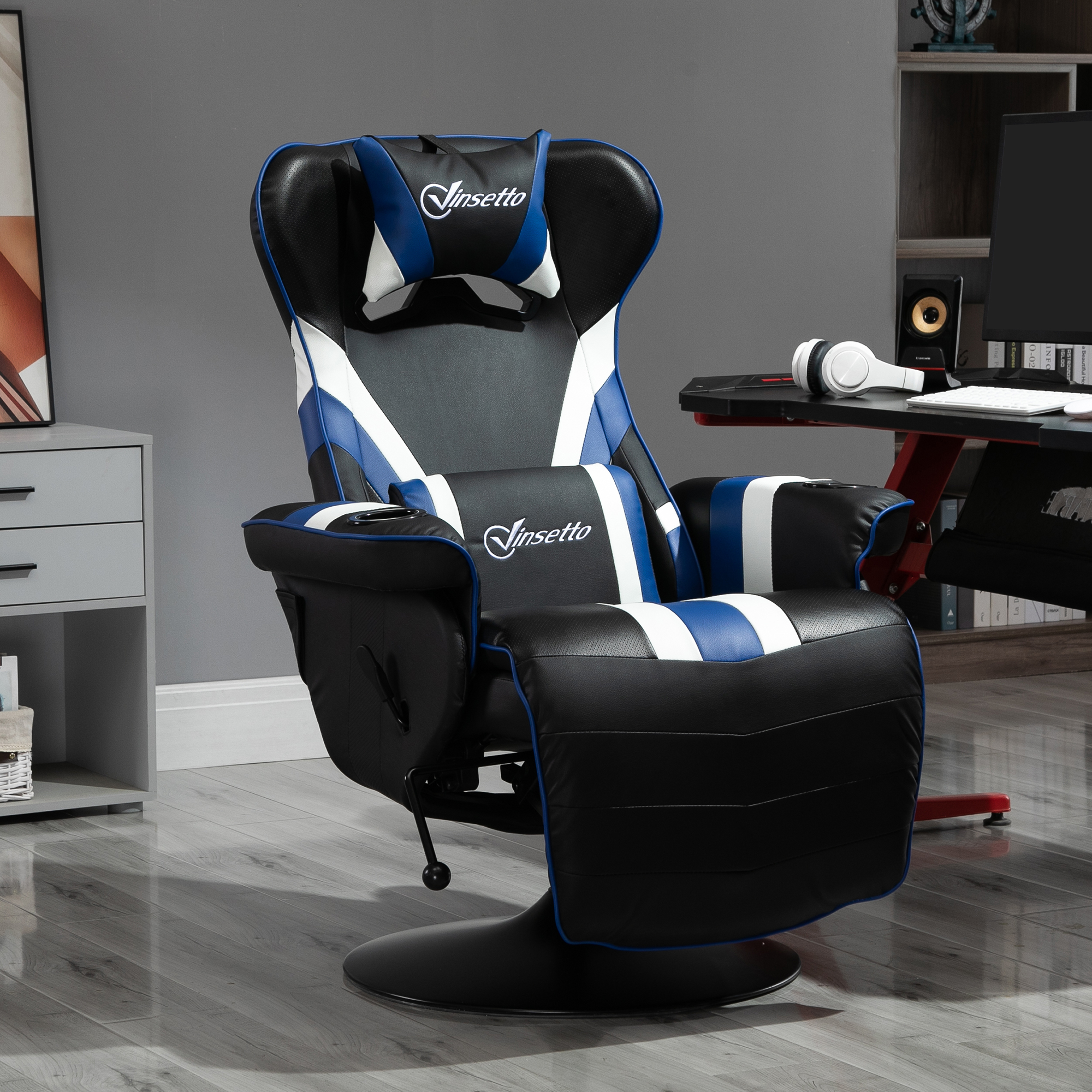 Vinsetto Gaming Chair Racing Style Computer Recliner with Lumbar Support Footrest and Cup Holder Black White Blue Aosom
