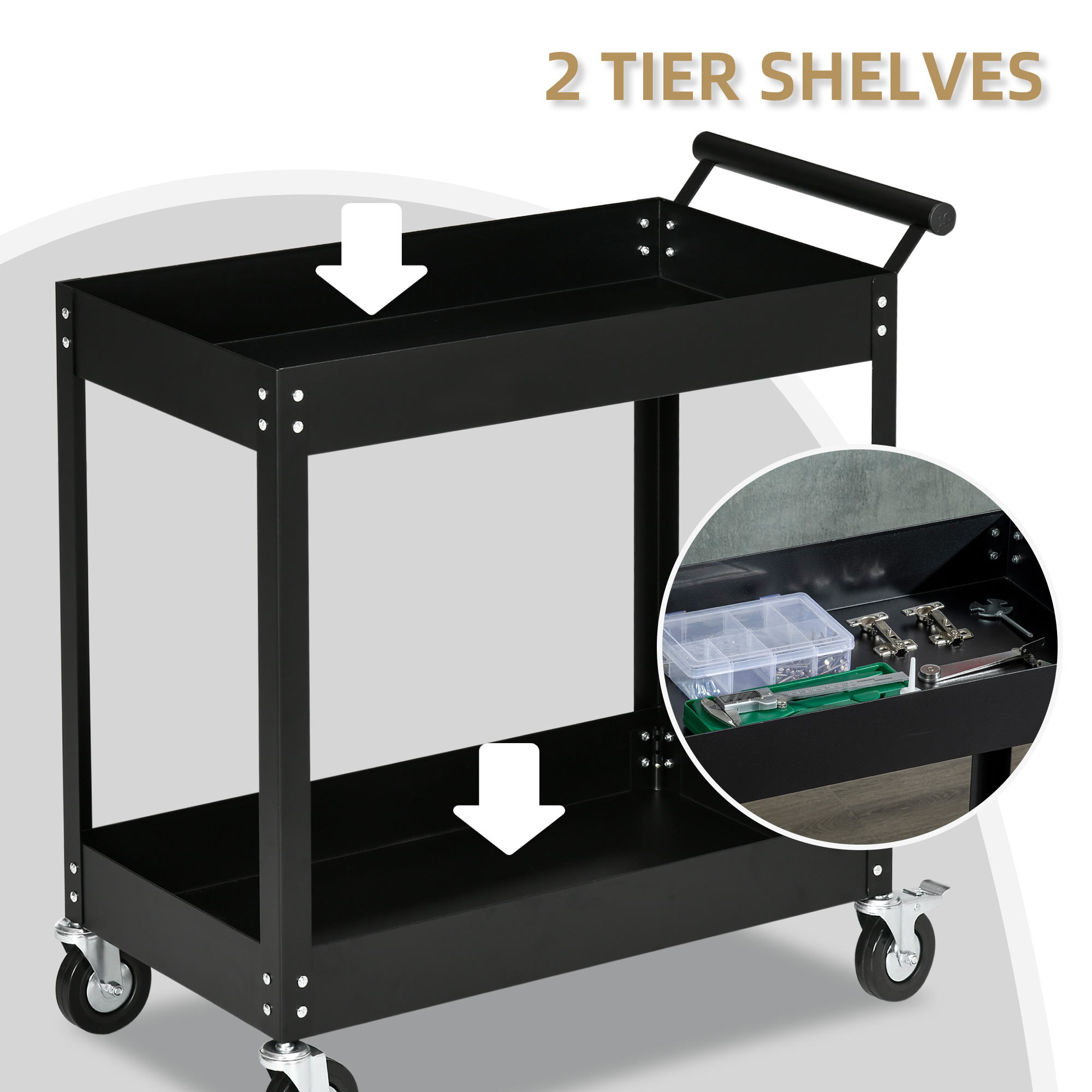 DURHAND 2 Tier Rolling Tool Cart with Wheels, Steel Mobile Service ...