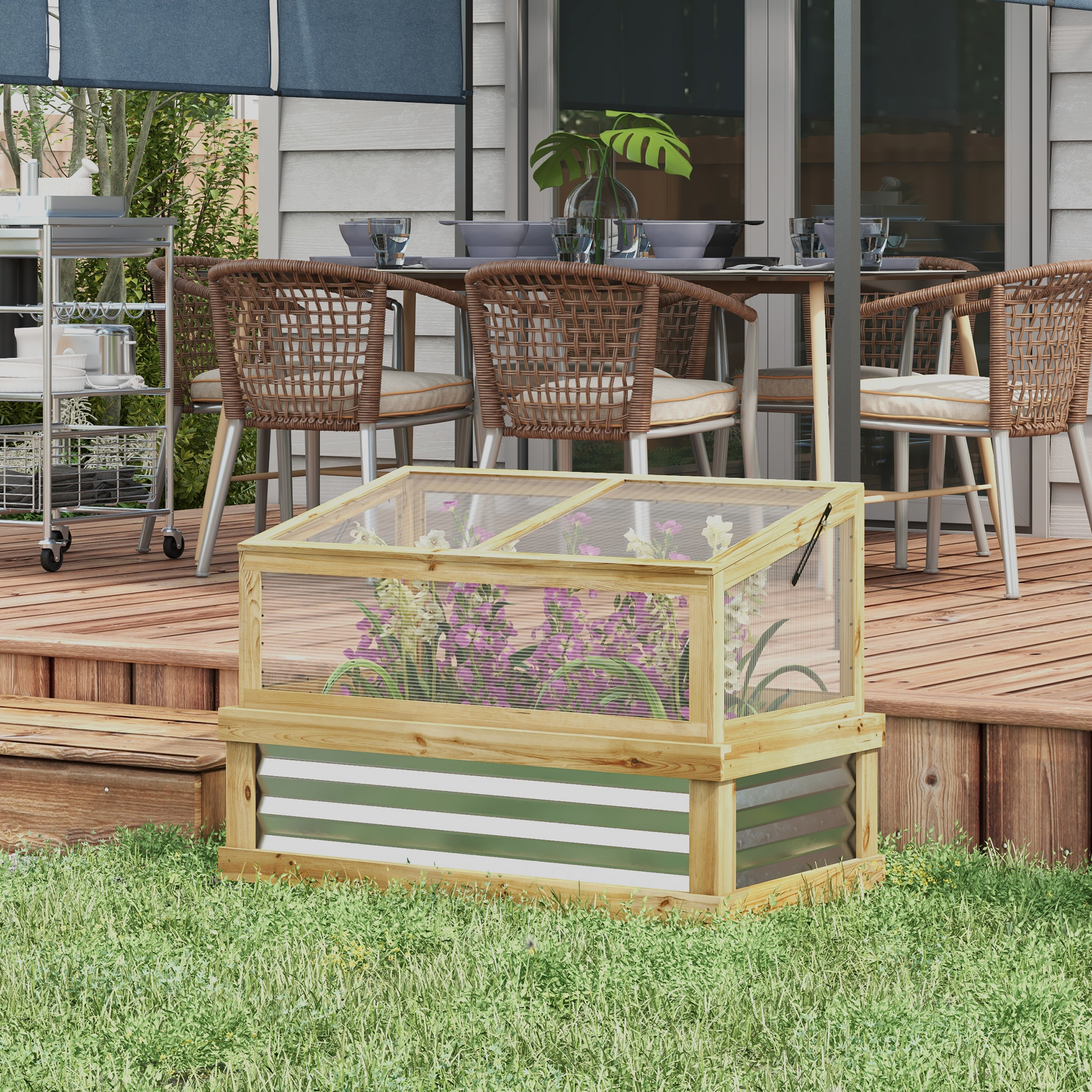 Outsunny Raised Garden Flower Bed Kit with Lean-to Greenhouse, Wooden ...