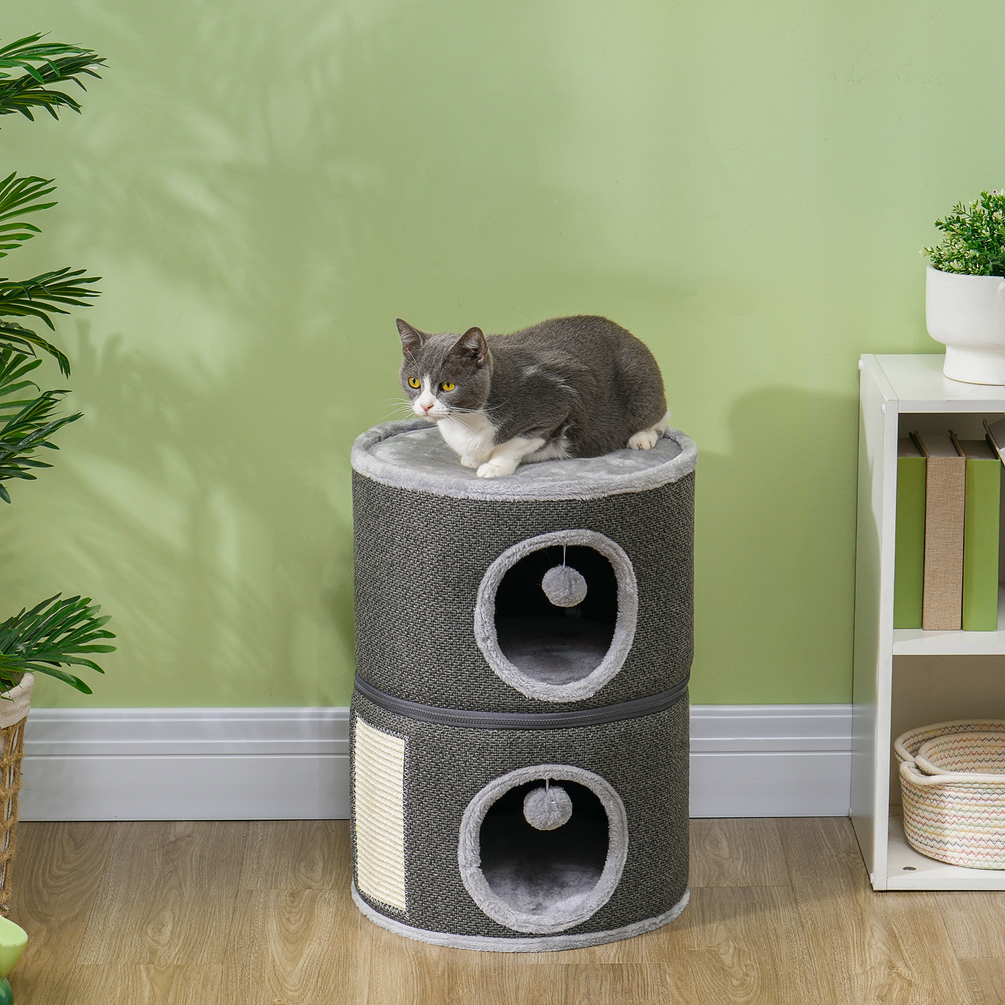 PawHut 3-Story Cat Condo Barrel Tree with Top Perch, 2 Hideaways ...