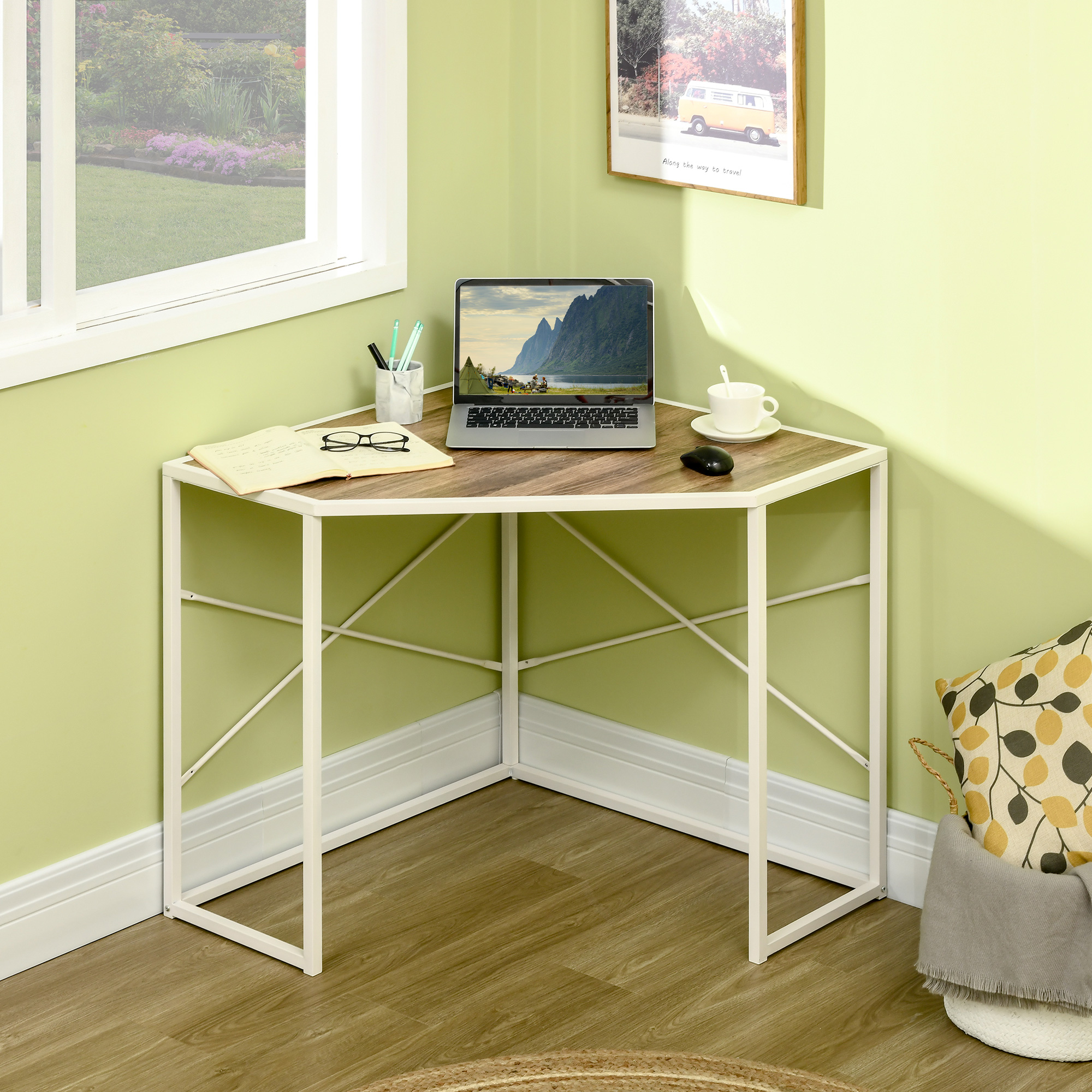 HOMCOM Corner Desk for Small Spaces Small Computer Desk with Metal Frame Space Saving Home Office Desk Workstation White