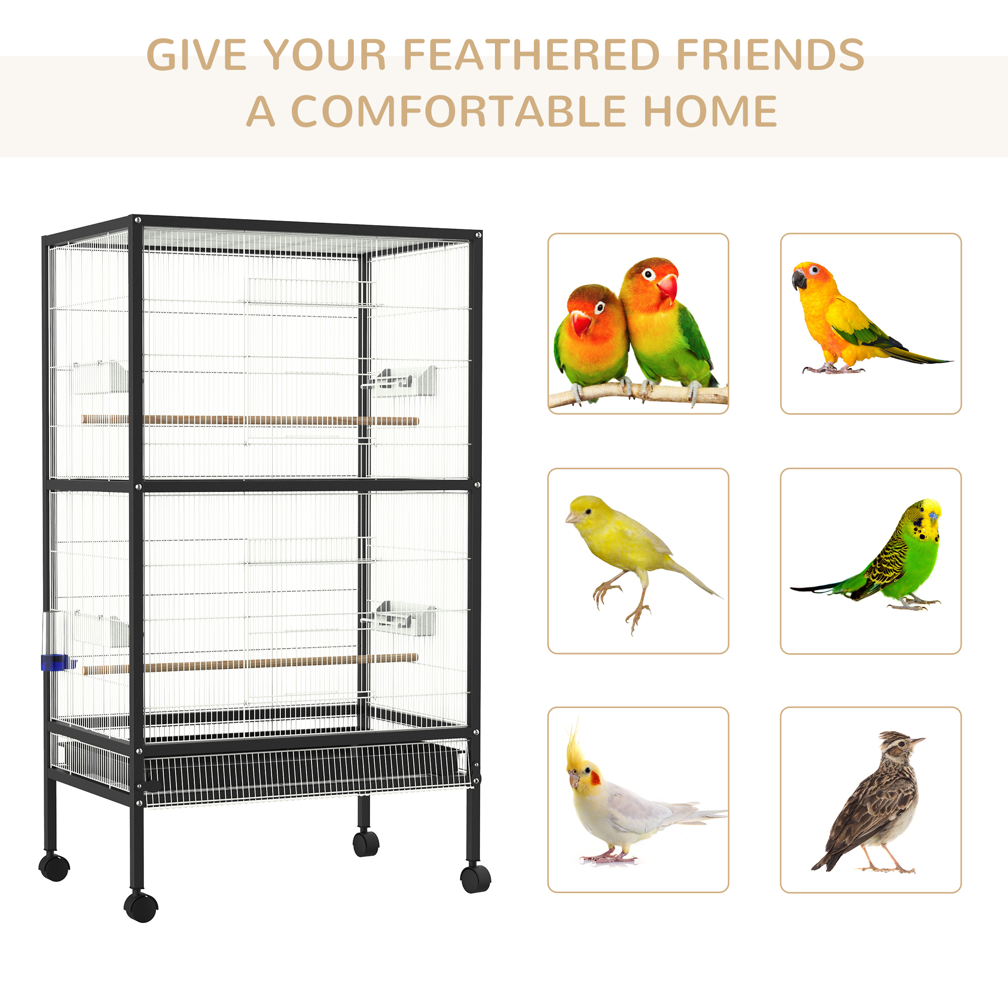 PawHut 54" Rolling Flight Cage Detachable Metal Wire Large Bird House ...