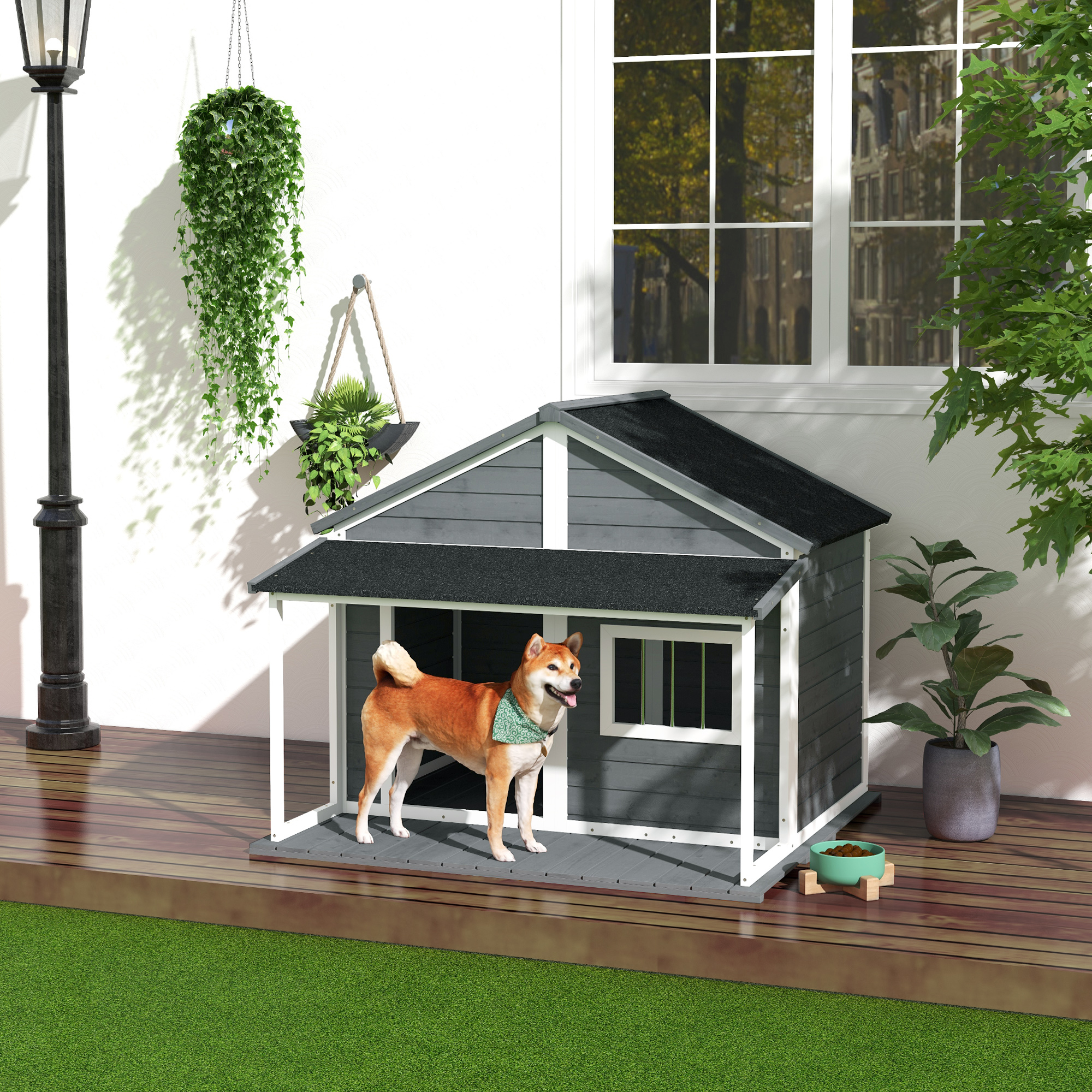PawHut Outdoor Cabin Style Dog House, Medium Dogs, 53 lbs., Gray ...