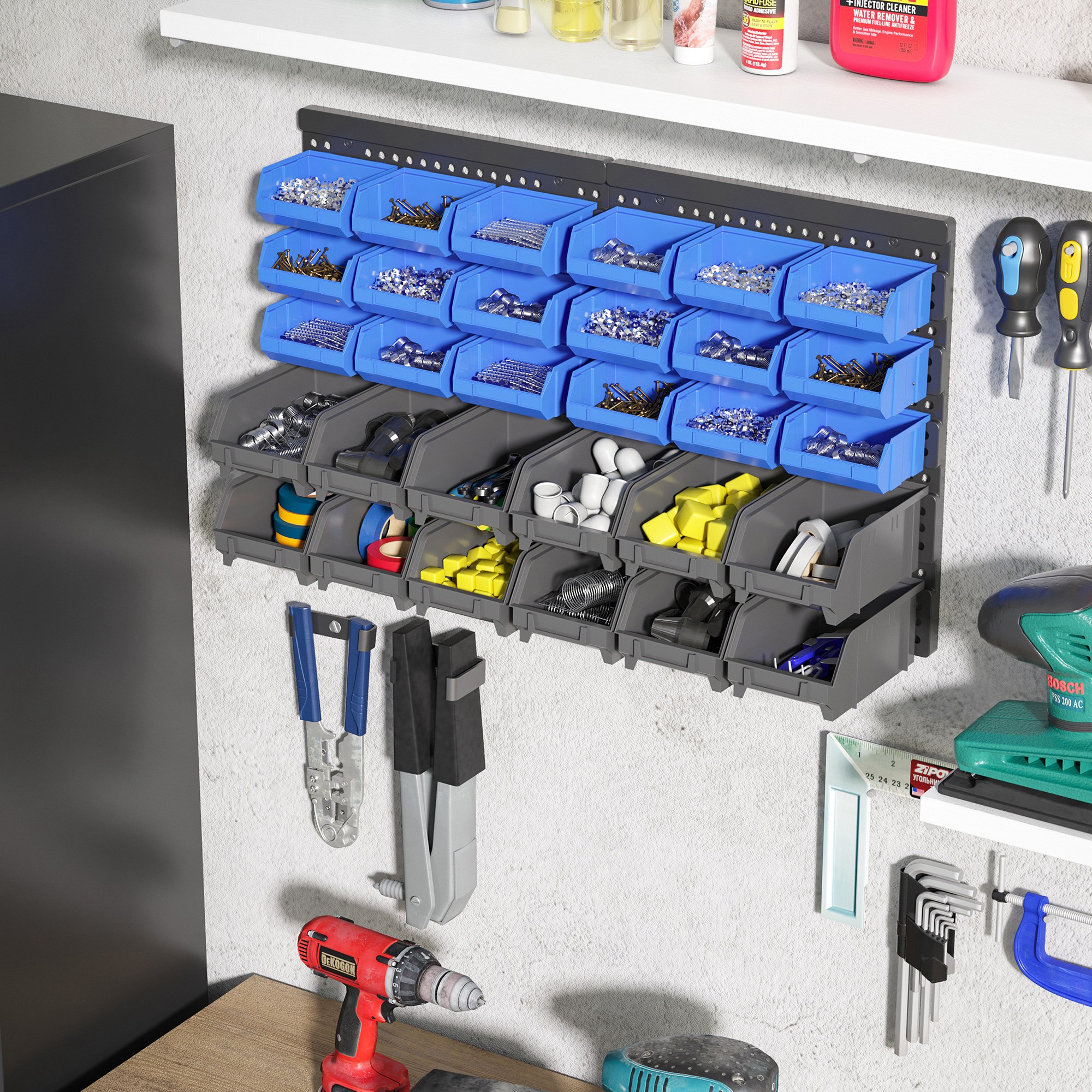 DURHAND Wall Mounted Storage Bin Rack Tool Organizer with 30 Bins ...