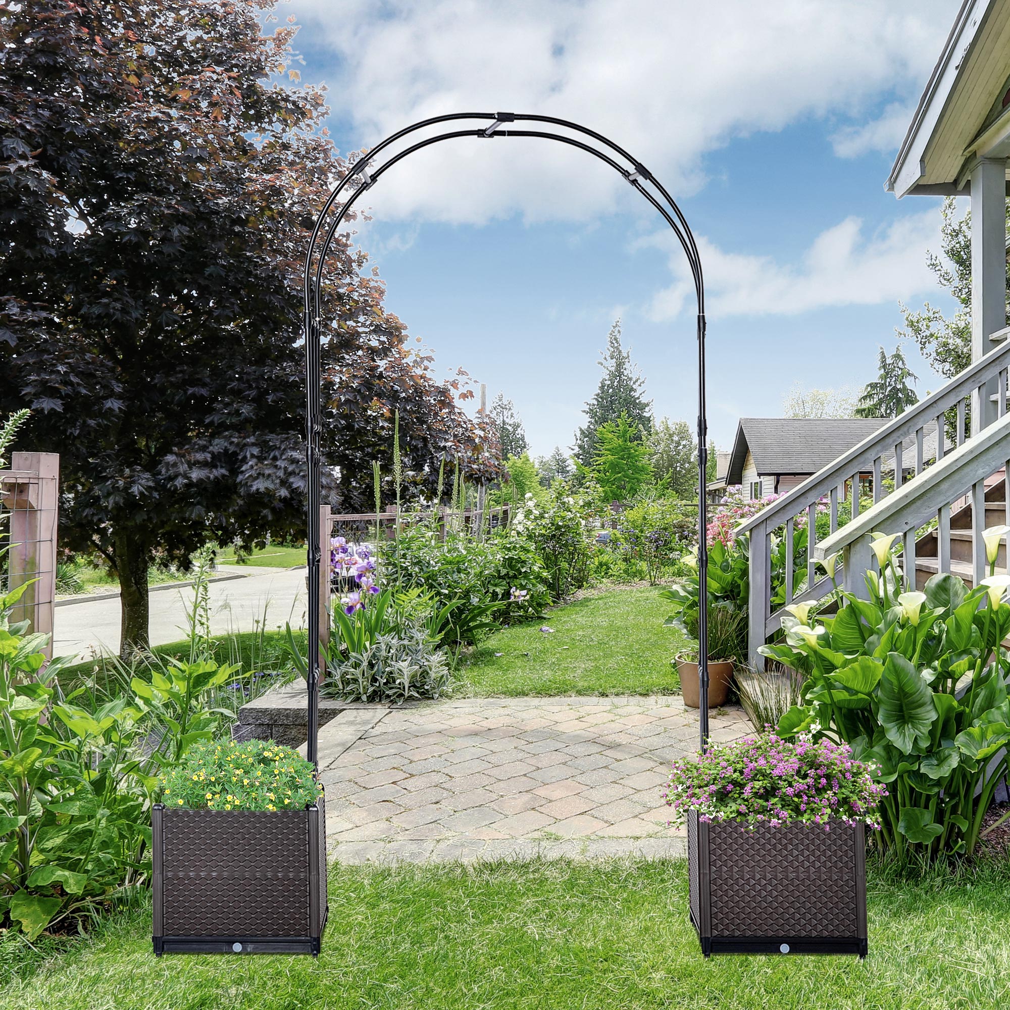 Outsunny 8ft Garden Arch with Two Planters Outdoor Steel Trellis Arbor ...