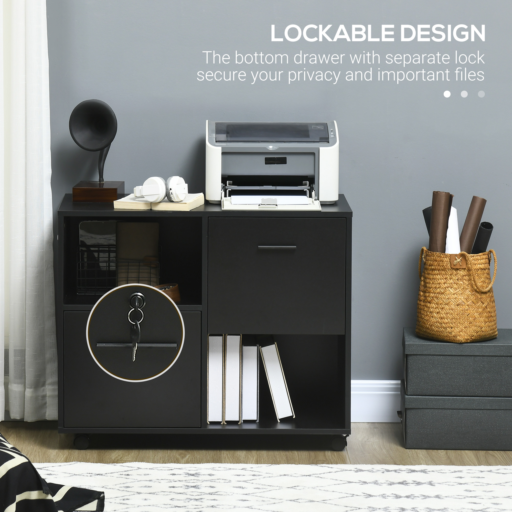 Vinsetto Mobile Printer Stand, Lateral File Cabinet with Lock, Filing ...