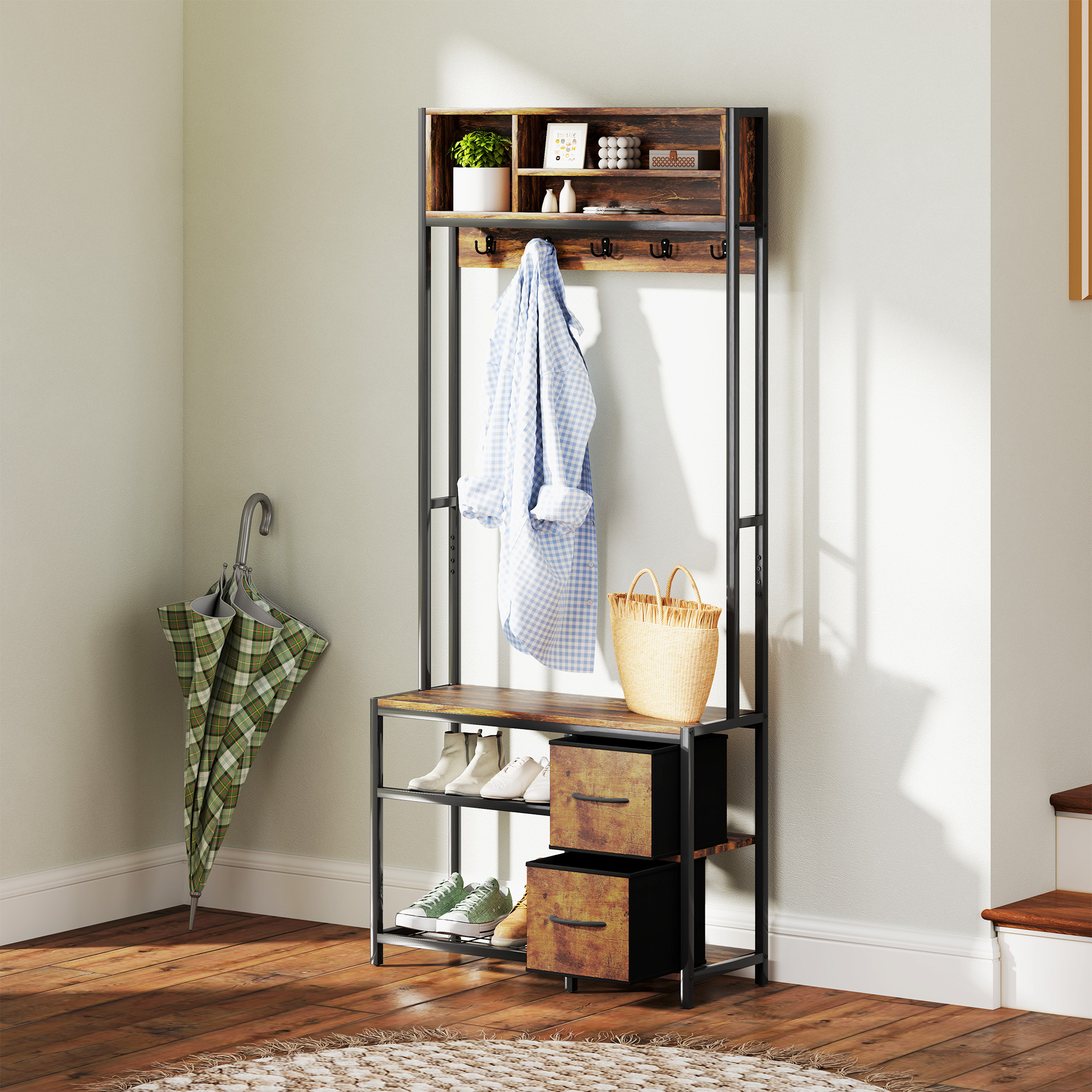 HOMCOM Hall Tree with Bench and Shoe Storage, 5-in-1 Entryway Bench ...