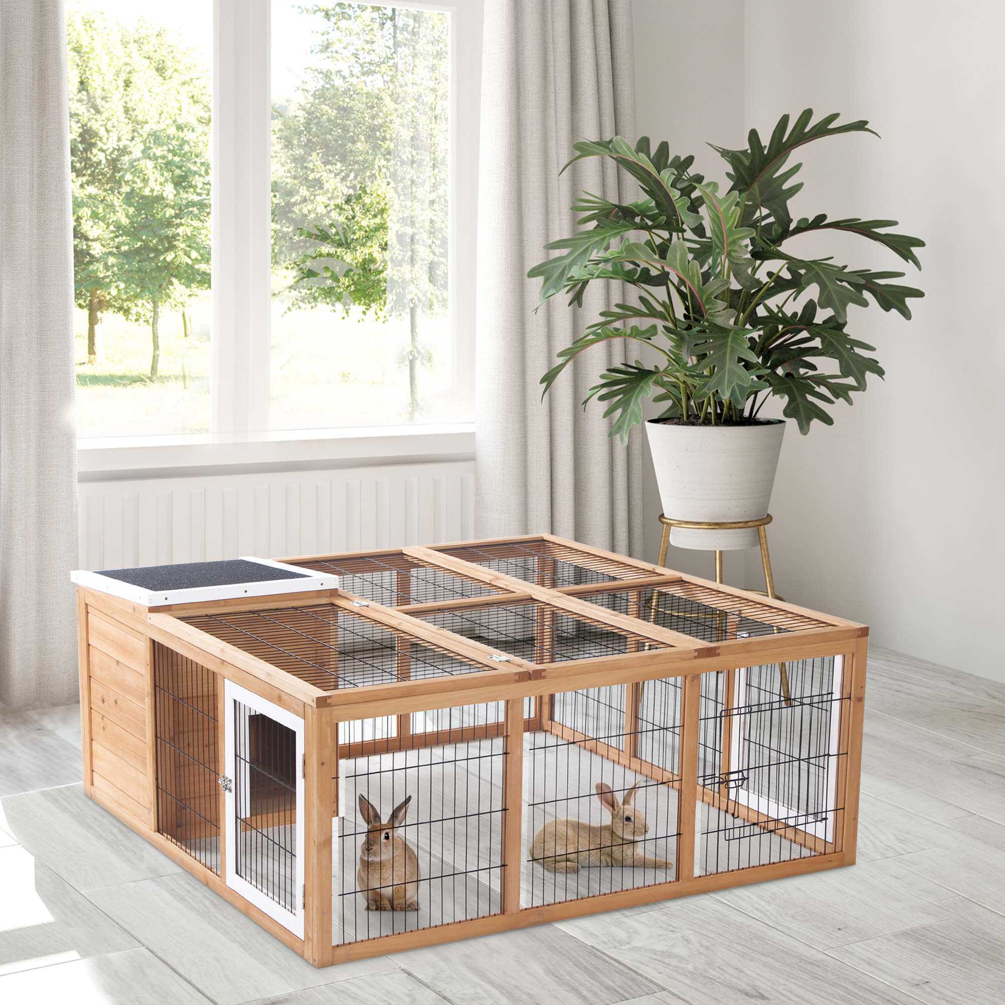 PawHut Rabbit Hutch, Waterproof Rabbit House for Small Animals, Natural ...