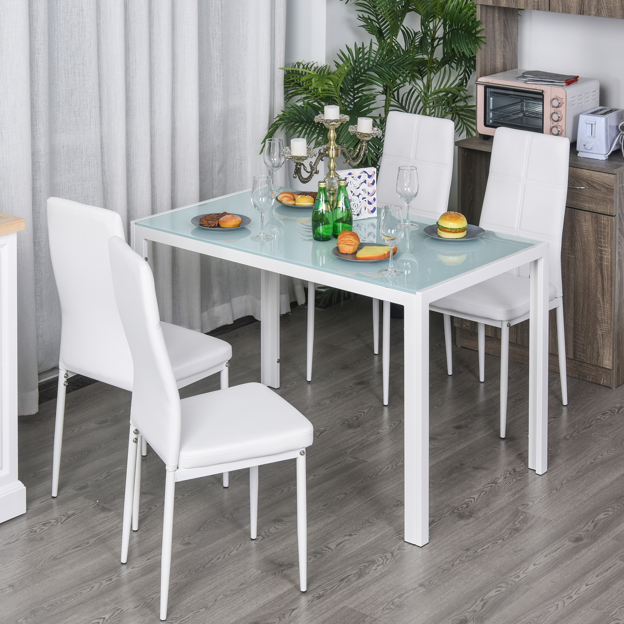 HOMCOM Dining Table Set for 4 5 Piece Rectangular Glass Kitchen Table with Chairs with Metal Frame and Faux Leather Upholstery Aosom Canada