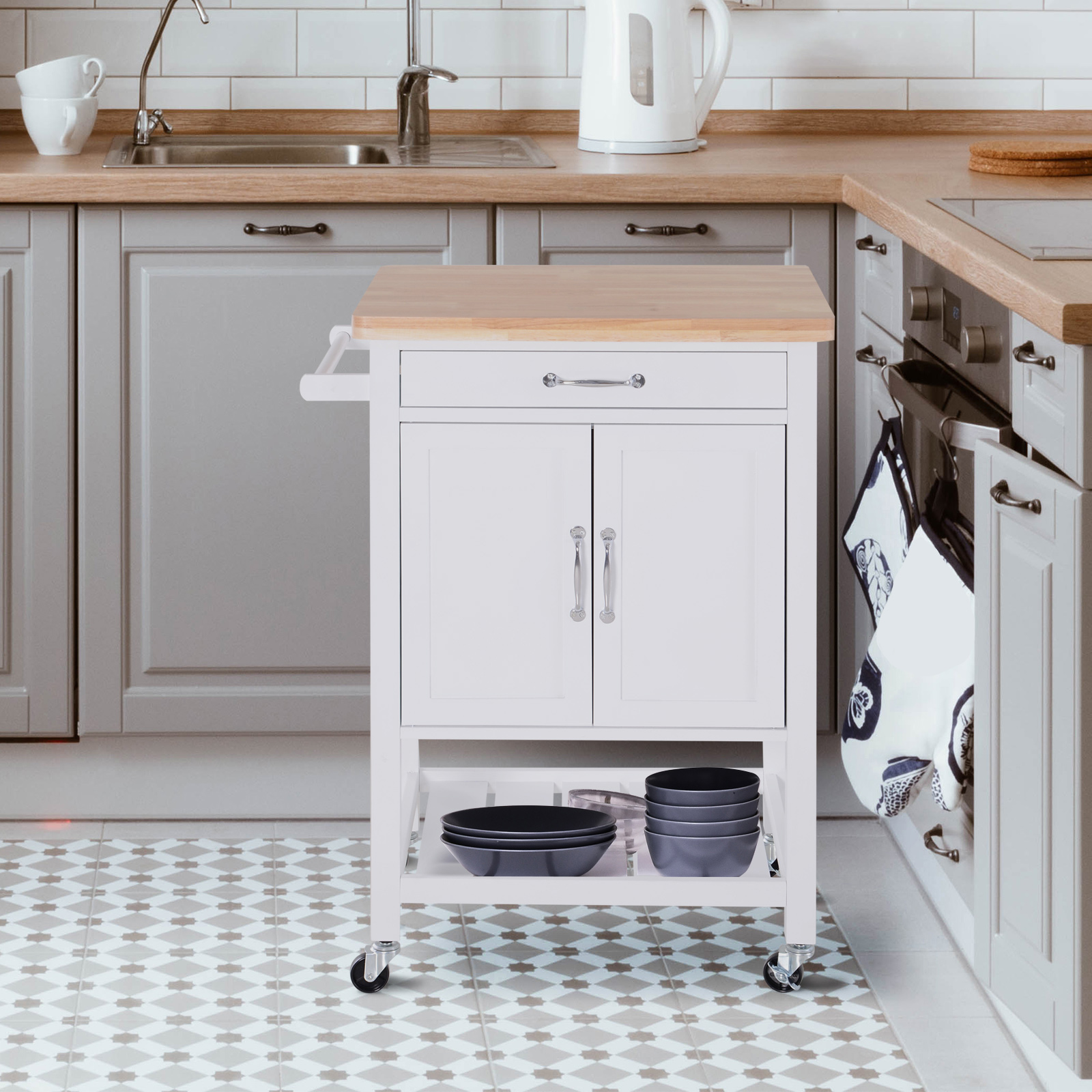 HOMCOM Kitchen Storage Cabinet Trolley Serving Cart Rubber Wood top ...