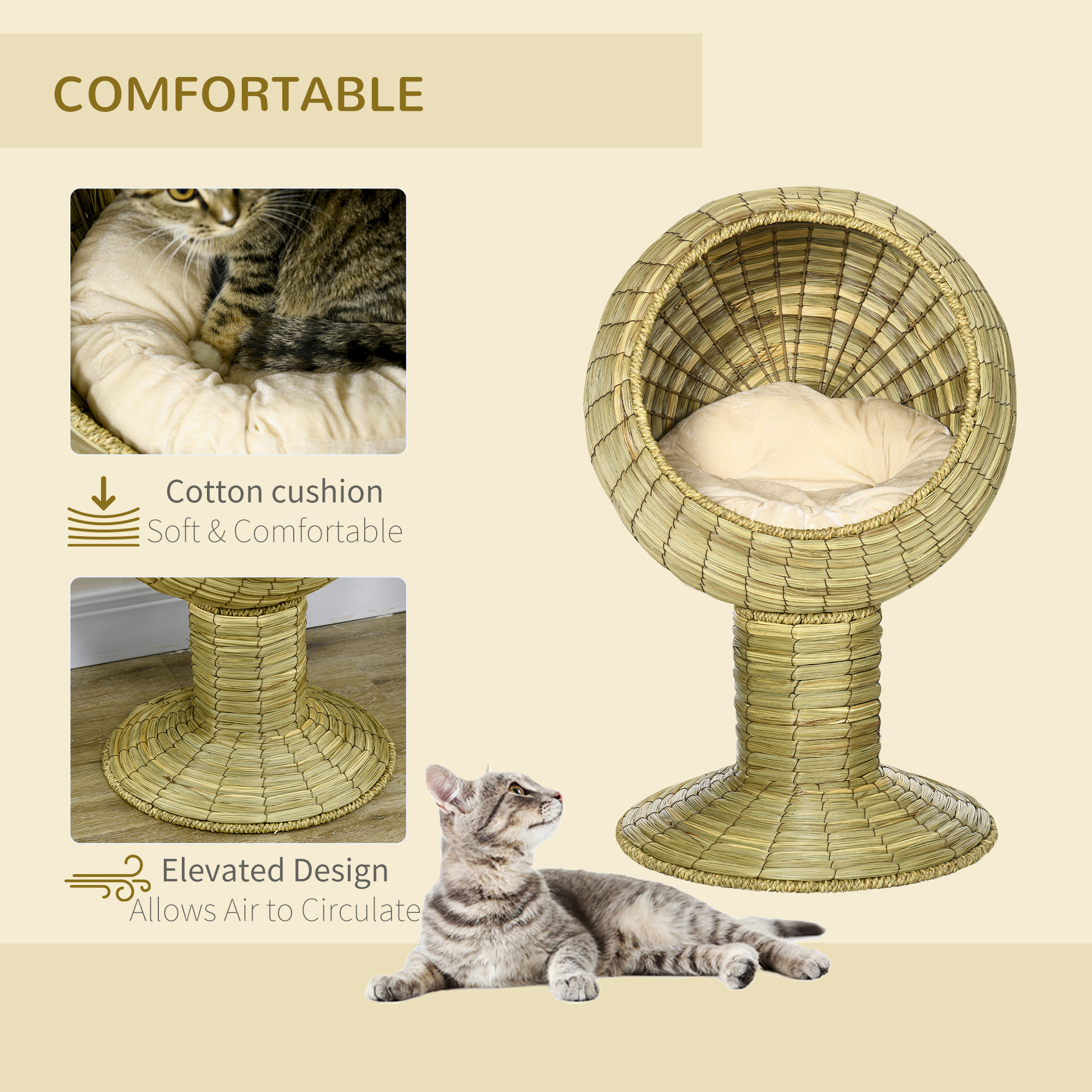 PawHut Elevated Cat Condo Pod Kitten House with Stand Cushion, Round ...