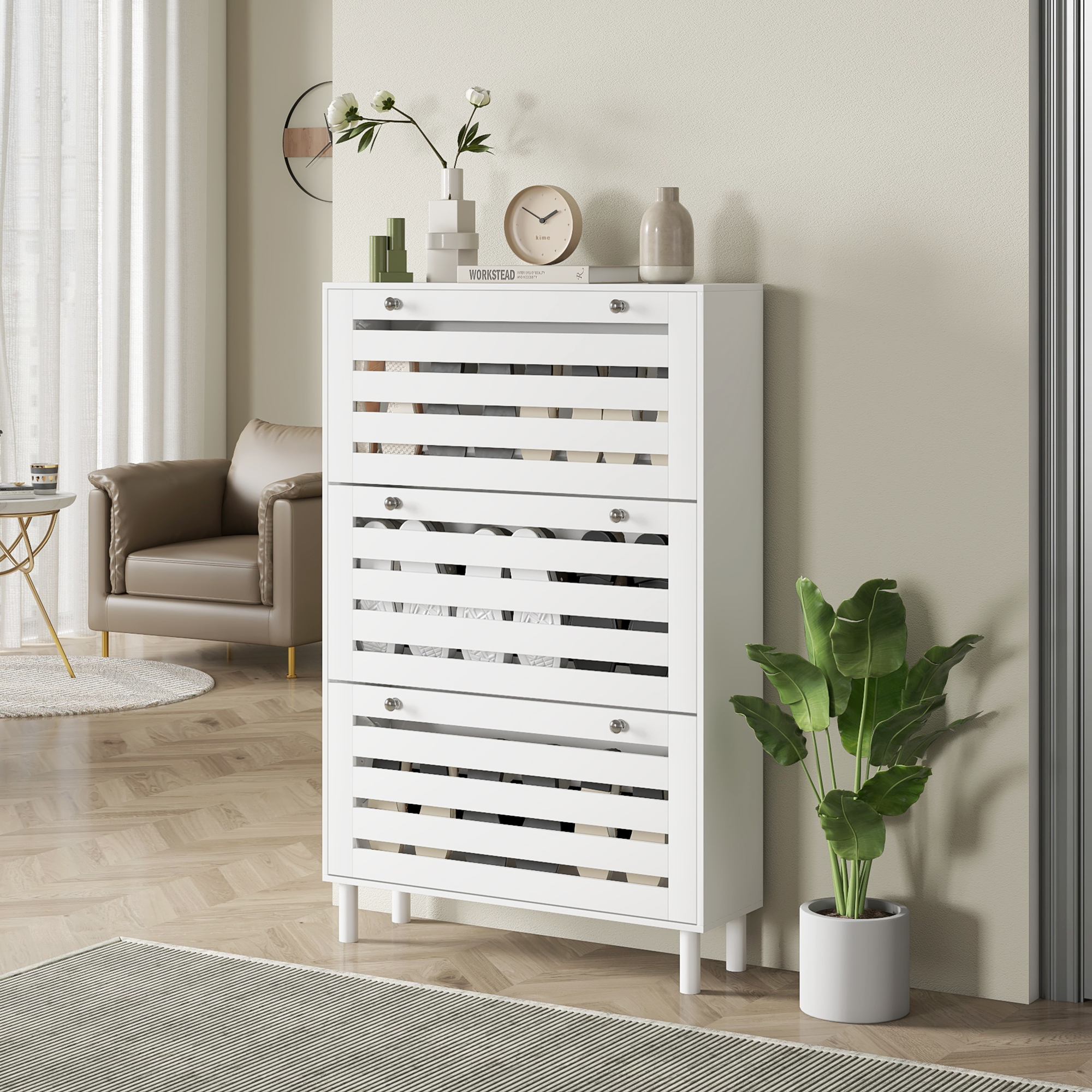 HOMCOM Narrow Shoe Storage Cabinet, 3 Flip Drawers, Adjustable Shelves ...