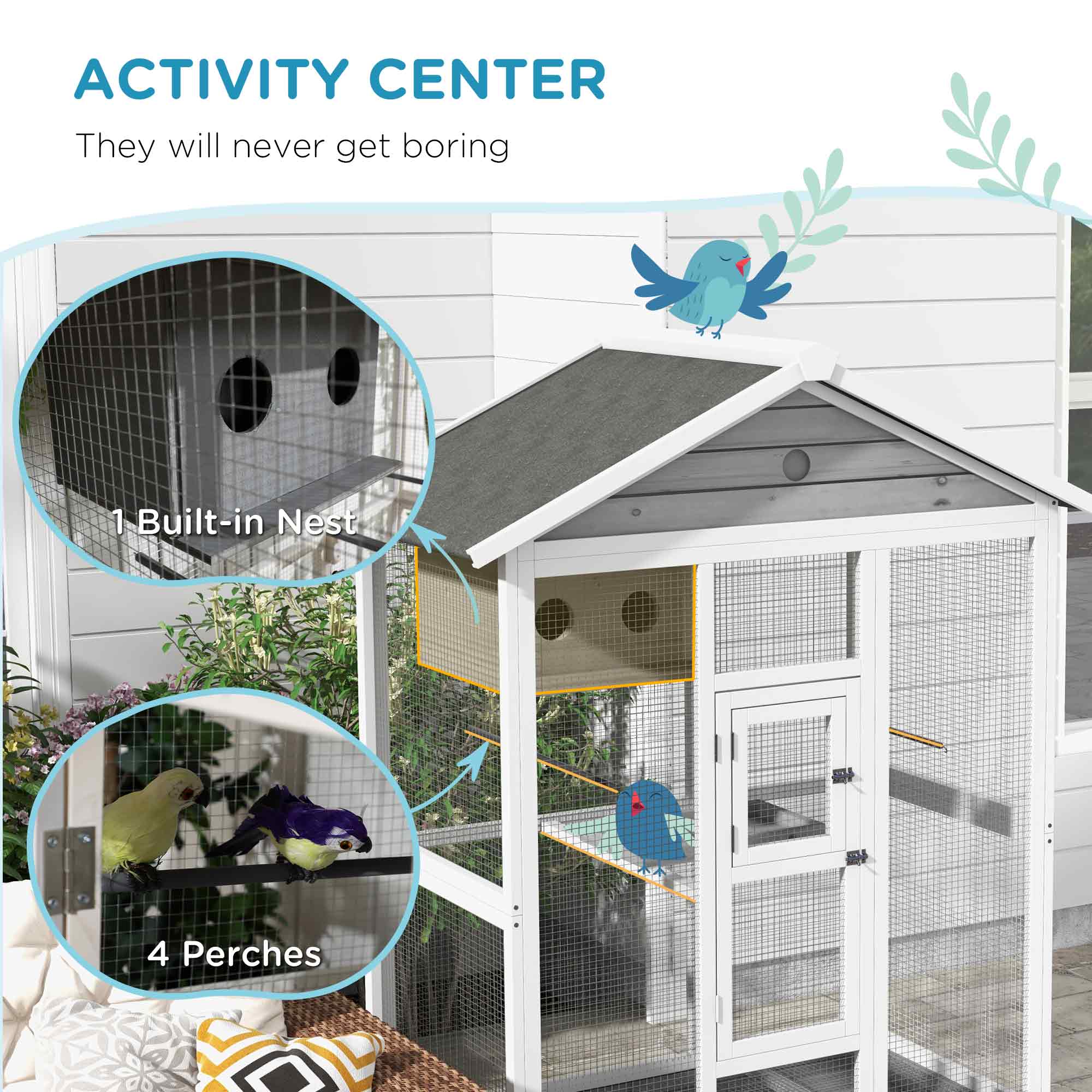 PawHut 65" Bird Cage Large Wooden Aviary for Canary with Standing Pole ...