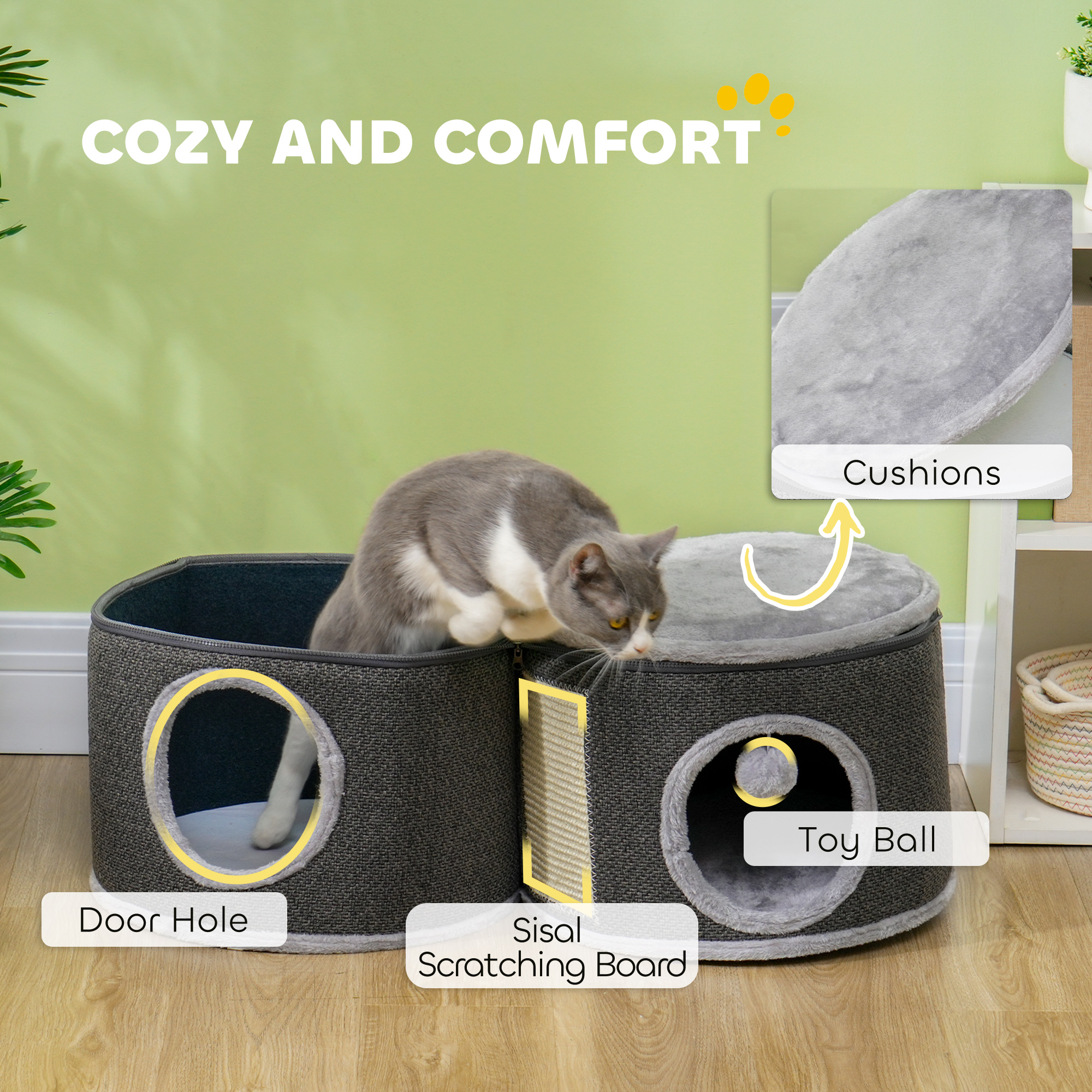 PawHut 3-Story Cat Condo Barrel Tree with Top Perch, 2 Hideaways ...