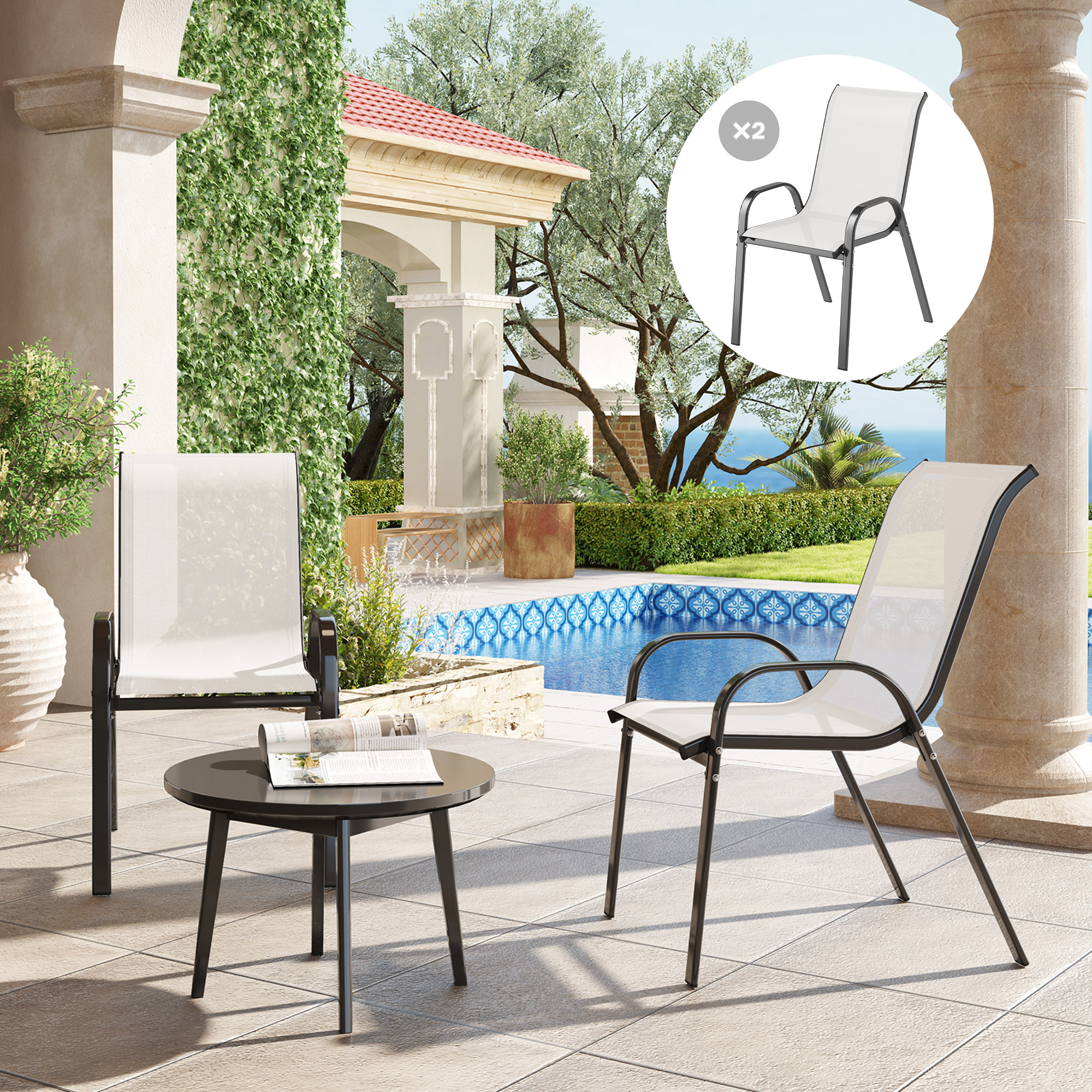 Outsunny Set of 2 Outdoor Dining Chairs, Stackable Lawn Chairs with ...