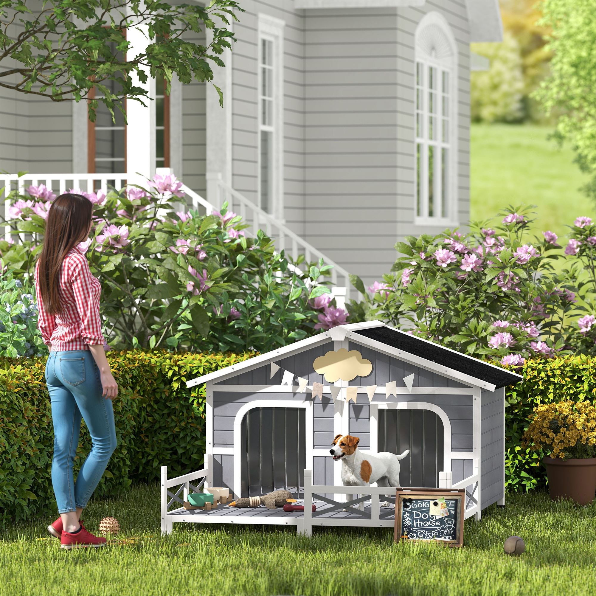 PawHut 59"x64"x39" Large Dog House with porch Deck Outdoor Pet Shelter ...