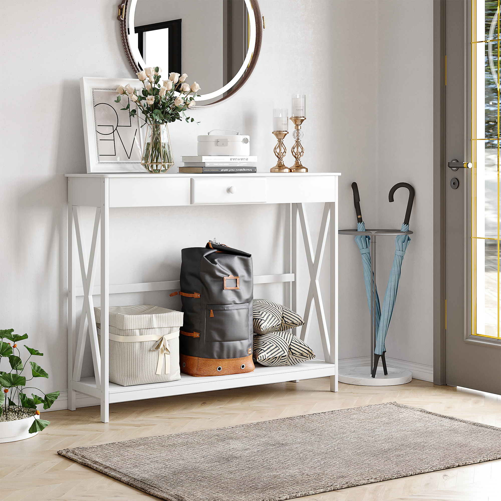 White console table with drawer store