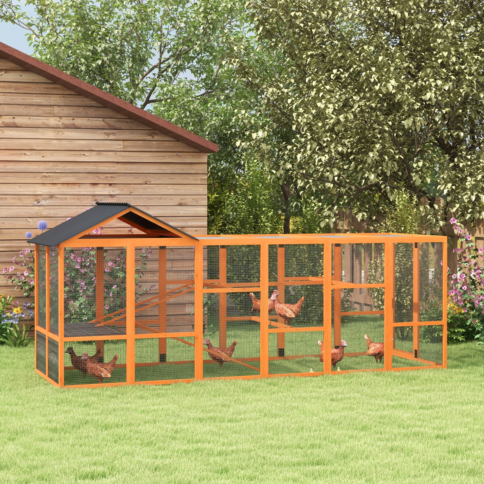 PawHut Wooden Chicken Coop Run for 6 - 10 Chickens, Hen House Add-On ...