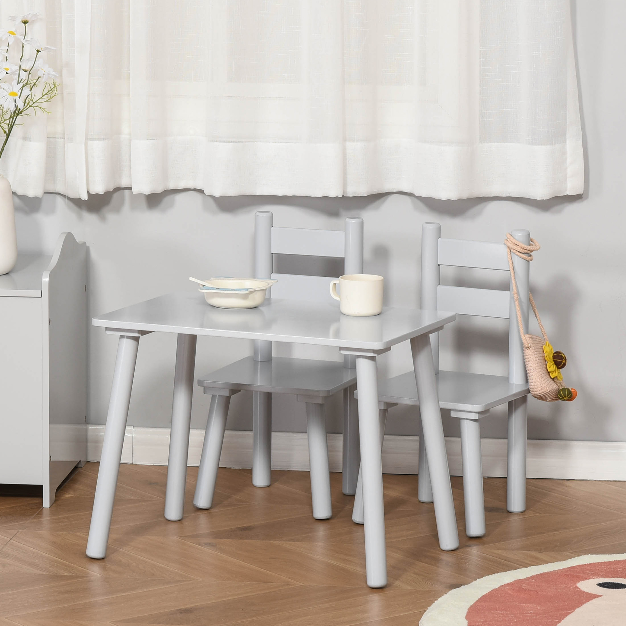 Qaba 3 Piece Set Kids Wooden Table Chairs Easy to Clean Gift for Boys Girls Toddlers Age 3 to 8 Years Old Grey Aosom