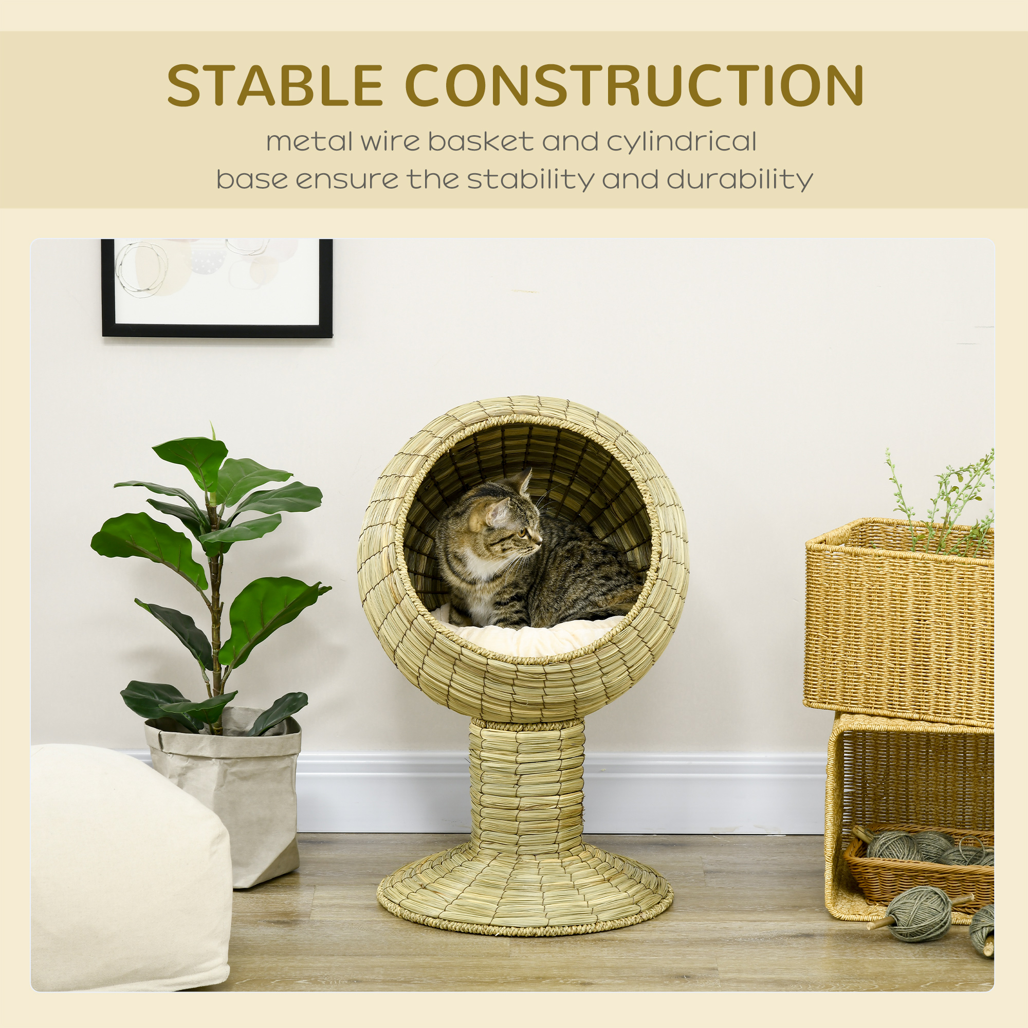 PawHut Elevated Cat Condo Pod Kitten House with Stand Cushion, Round ...
