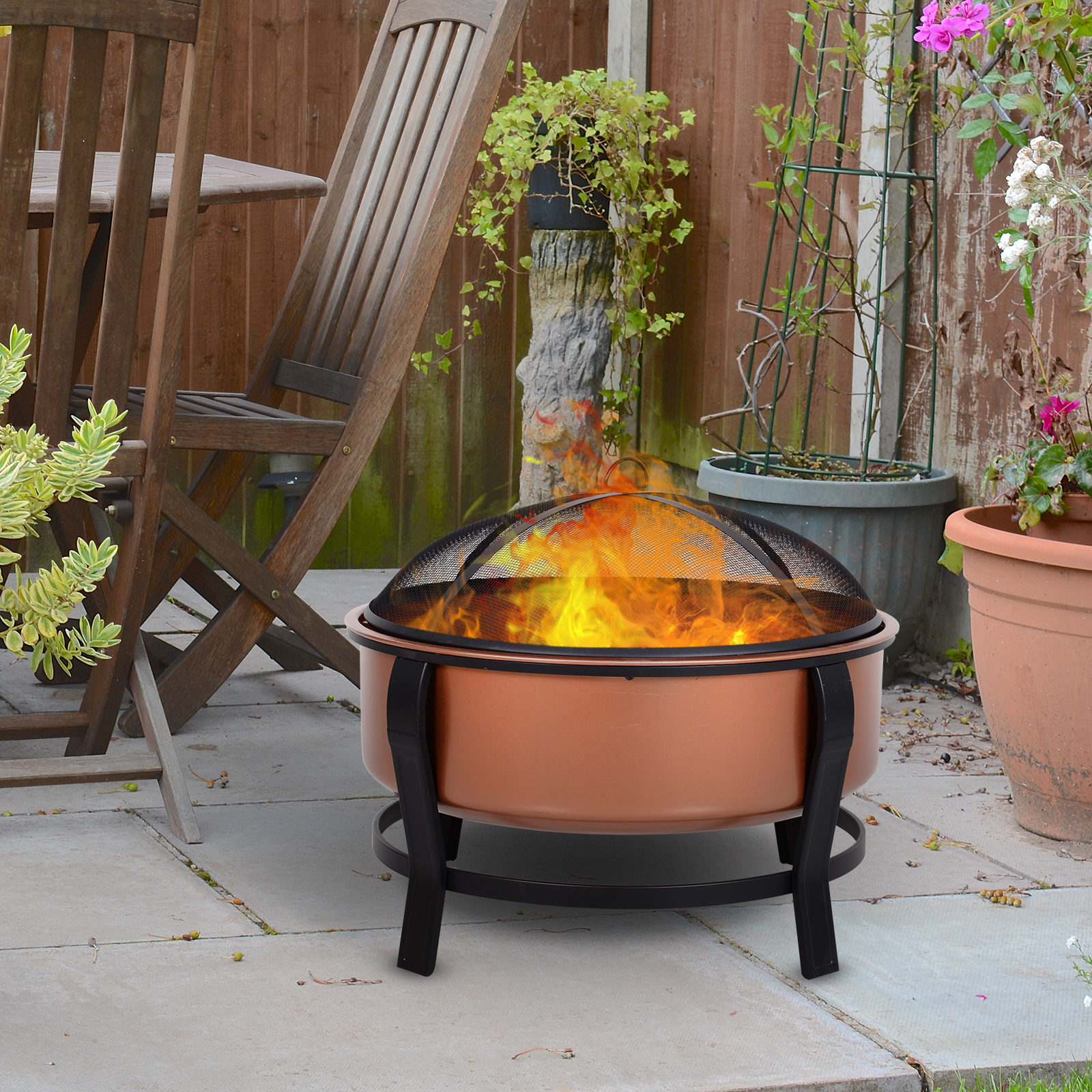 Outsunny Copper-Colored Round Basin Wood Fire Pit Bowl with Organte ...