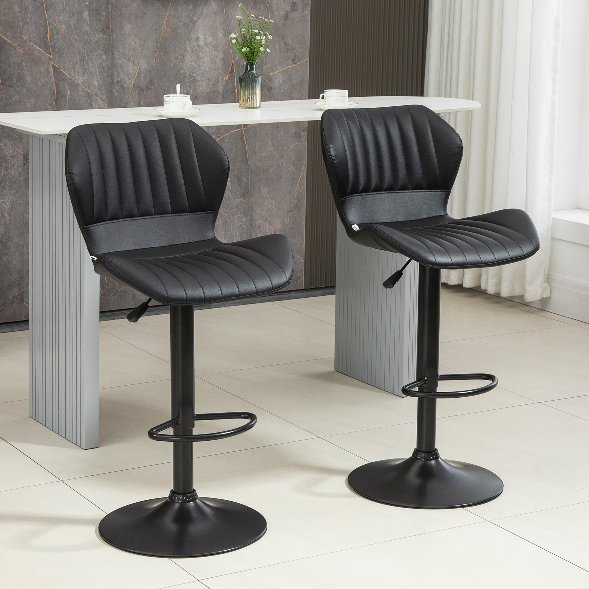HOMCOM Shell Back Bar Stool Set of 2, PU Leather Adjustable Swivel ...
