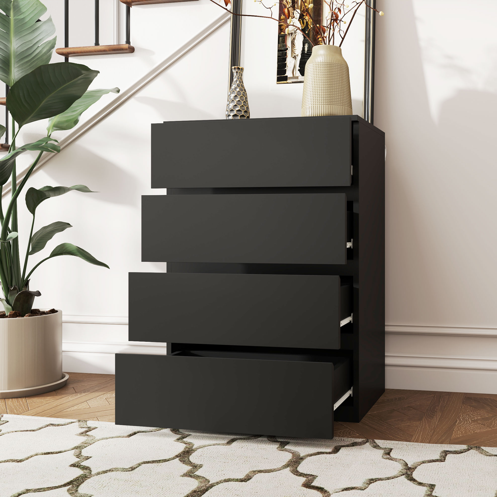 HOMCOM 4 Drawer Chest Storage Cupboard Freestanding Drawer Unit, Black ...
