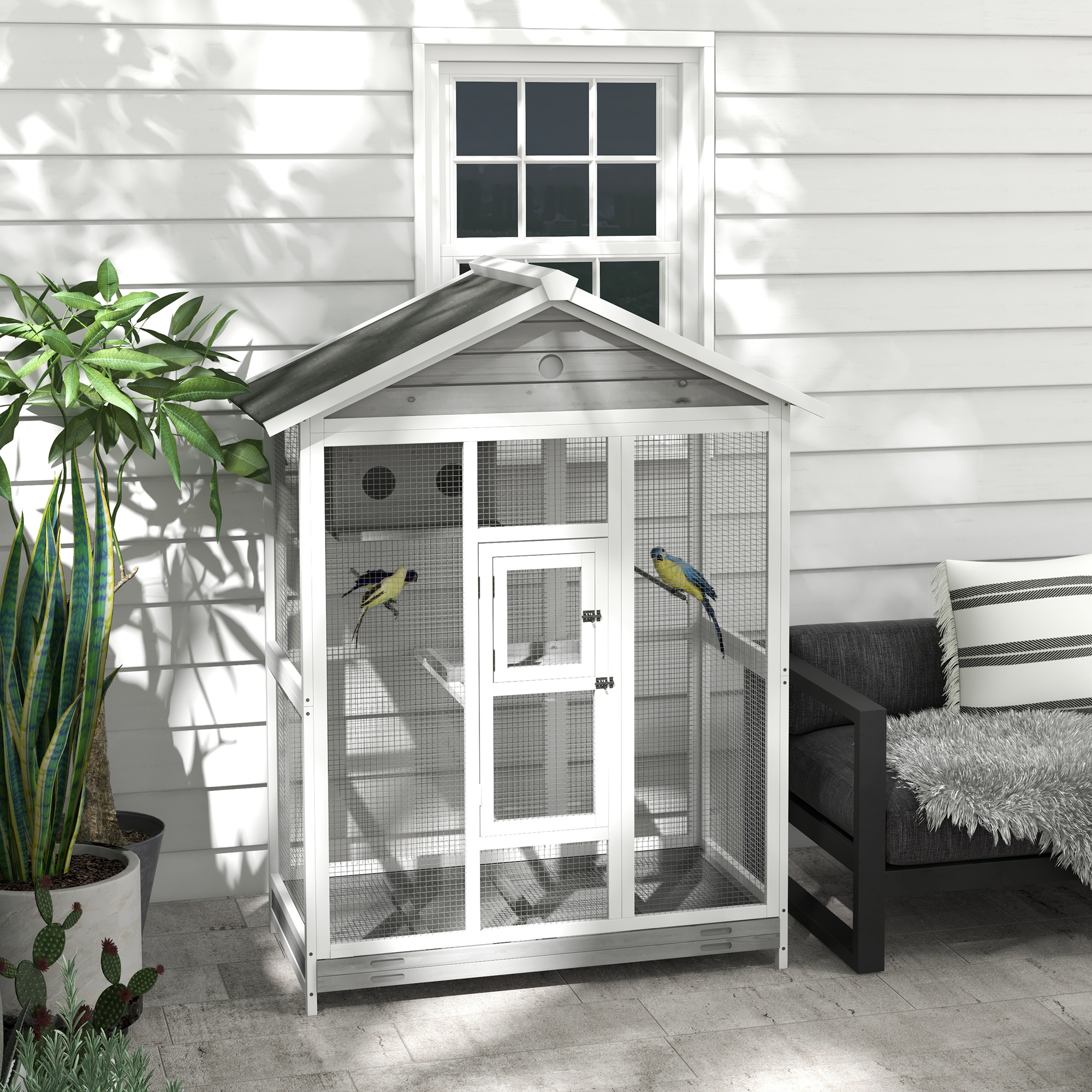 PawHut 65" Bird Cage Large Wooden Aviary for Canary with Standing Pole ...