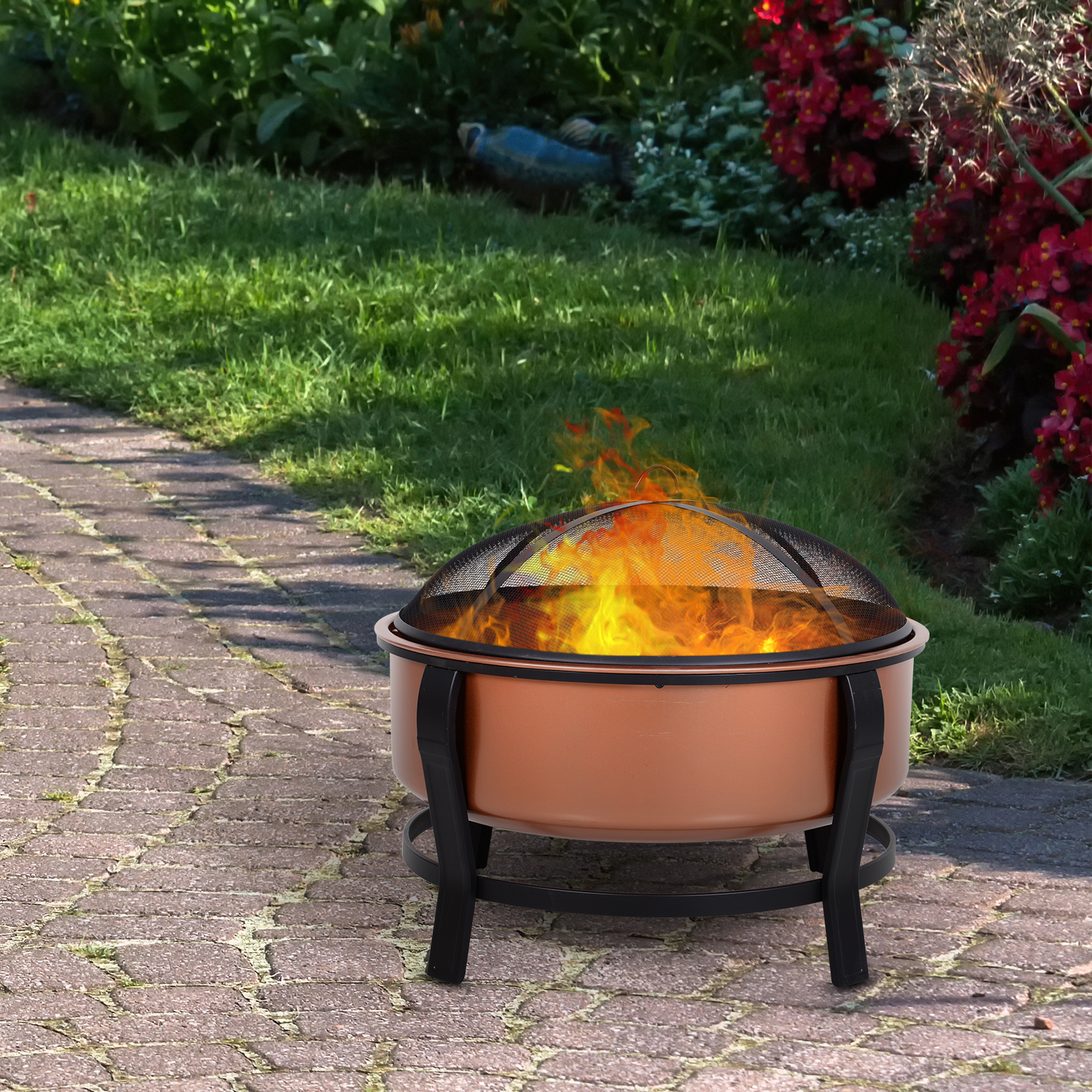 Outsunny Copper-Colored Round Basin Wood Fire Pit Bowl with Organte ...